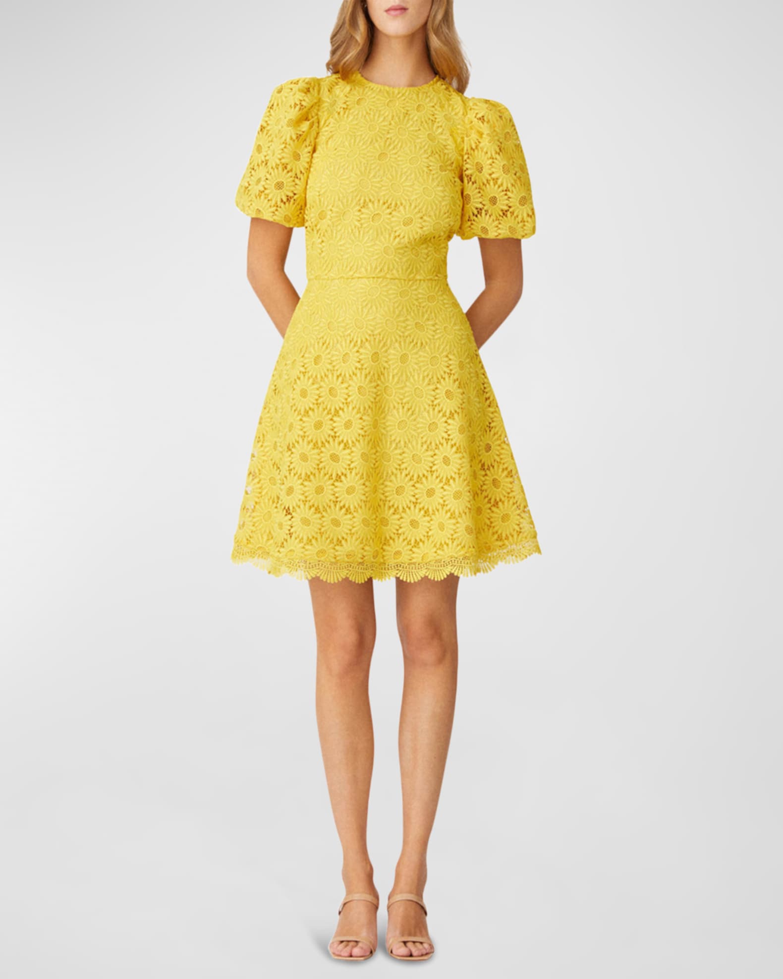 Shoshanna Barrow Floral Lace Puff-Sleeve Mini Dres | Neiman Marcus