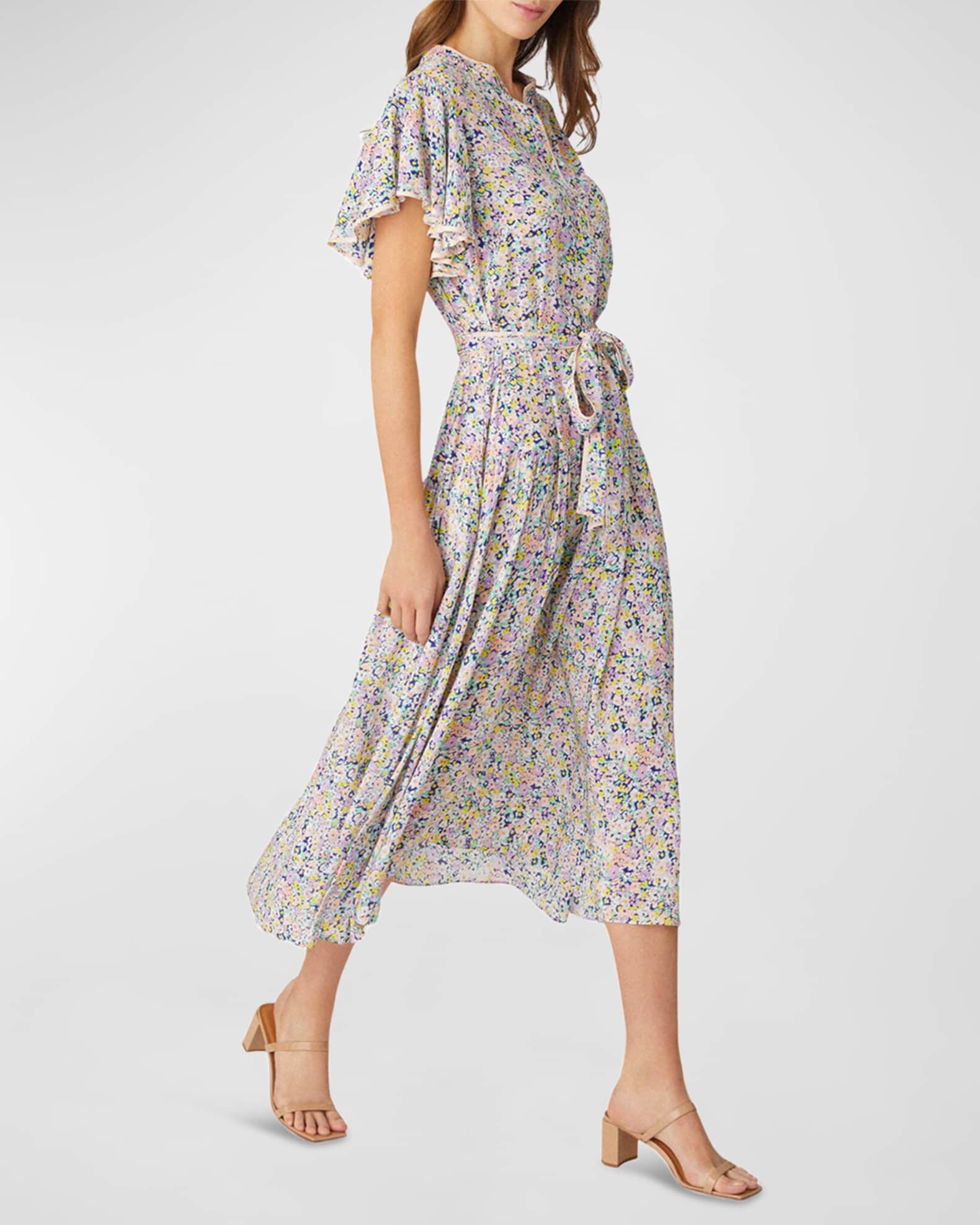 Shoshanna Lucia Floral-Print Flutter-Sleeve Midi Dress | Neiman Marcus