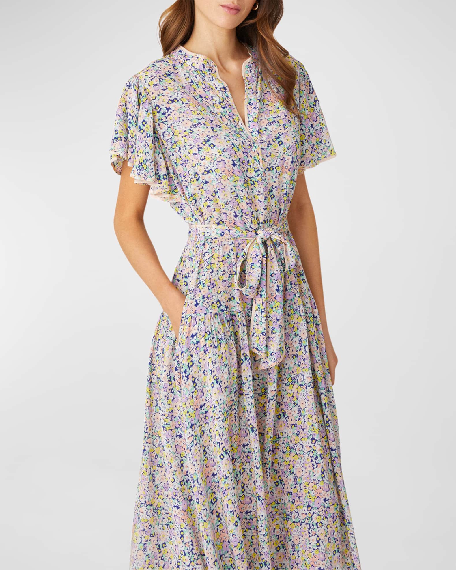 Shoshanna Lucia Floral Print Flutter Sleeve Midi Dress Neiman Marcus