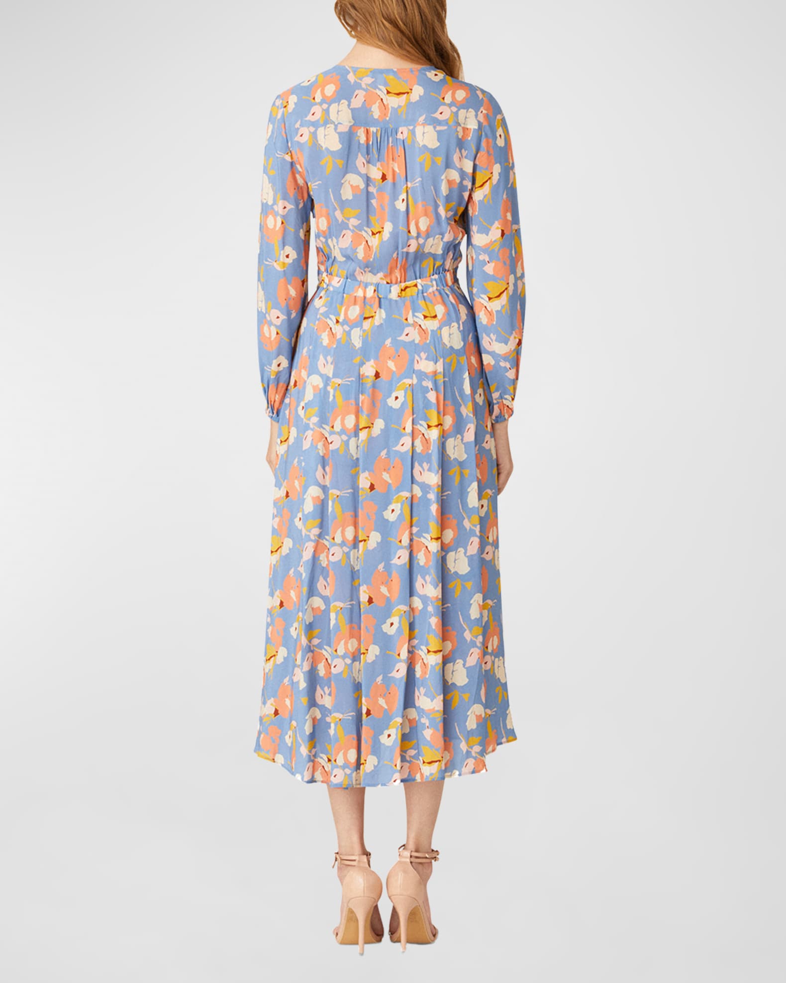 Shoshanna Mira Pleated Floral-Print V-Neck Midi Dress | Neiman Marcus