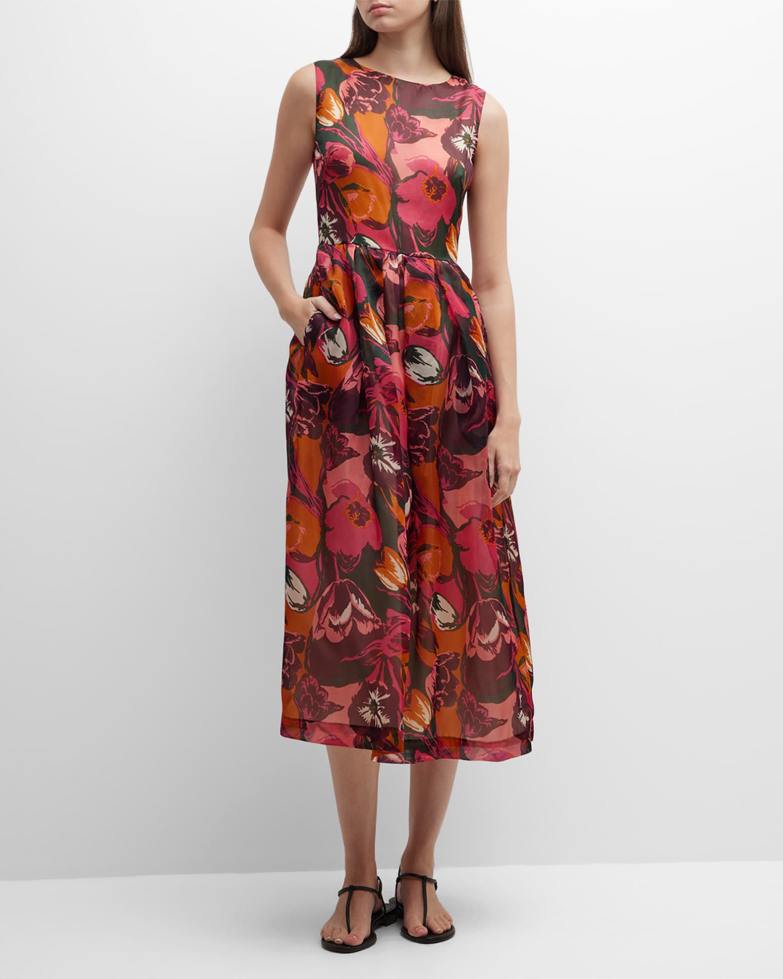 Sara Roka Riah Tulip-Print Midi Dress | Neiman Marcus