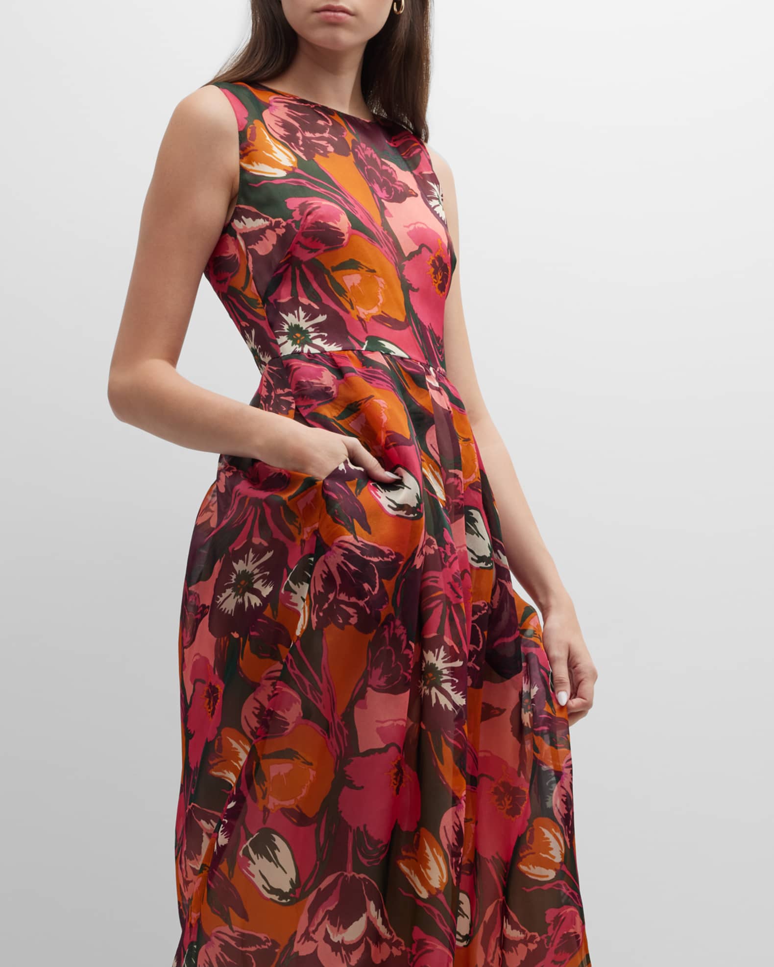 Sara Roka Riah Tulip-Print Midi Dress | Neiman Marcus