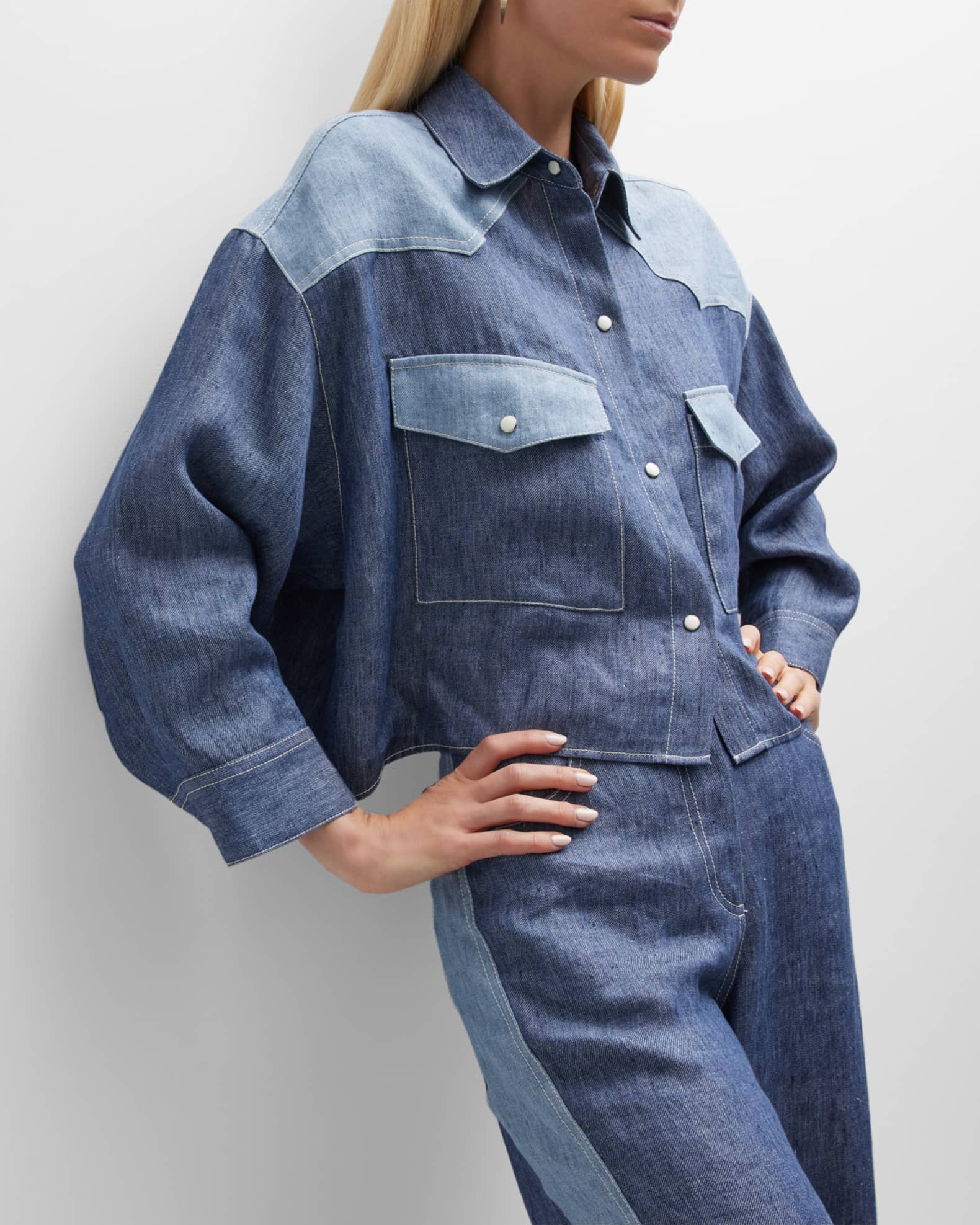 TWP Next Ex Cropped Colorblock Western Shirt | Neiman Marcus