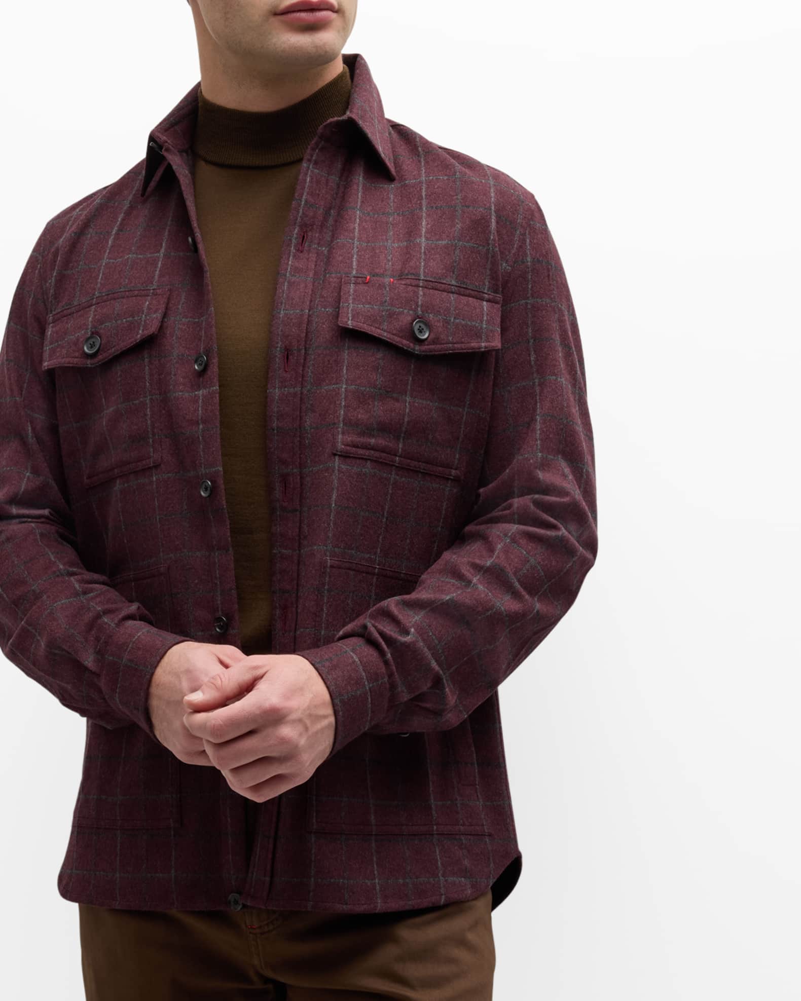 Isaia Men's Wool-Cashmere Plaid Overshirt | Neiman Marcus
