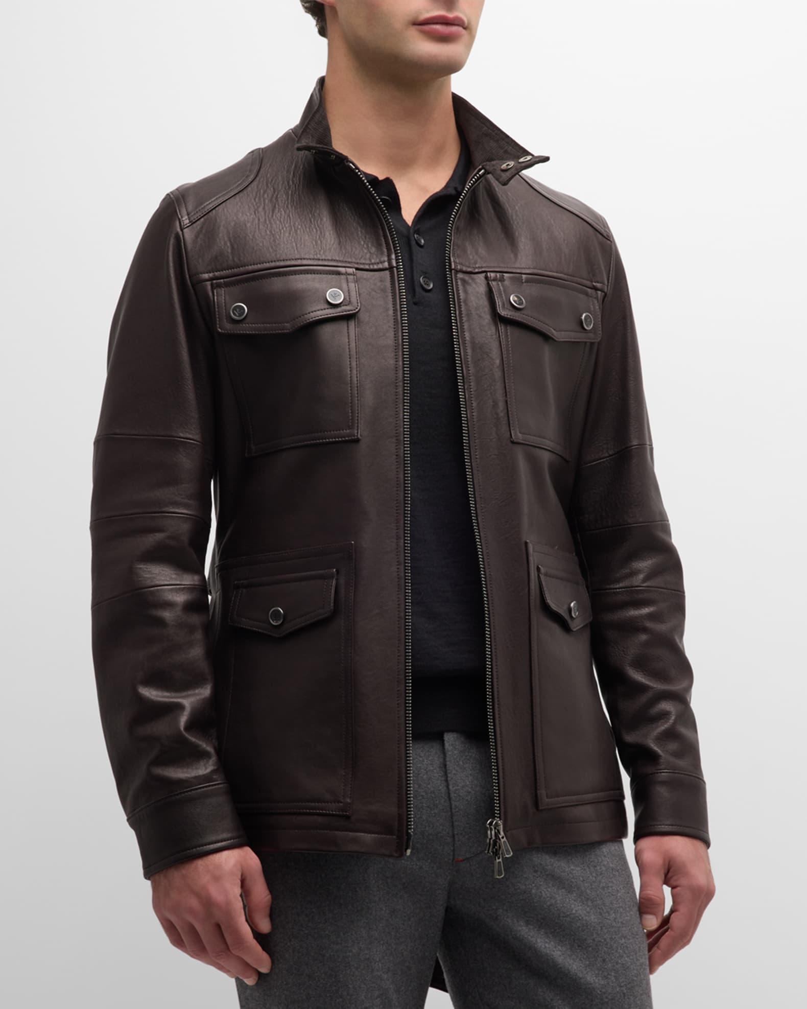 Isaia Men's Leather Full-Zip Field Jacket | Neiman Marcus