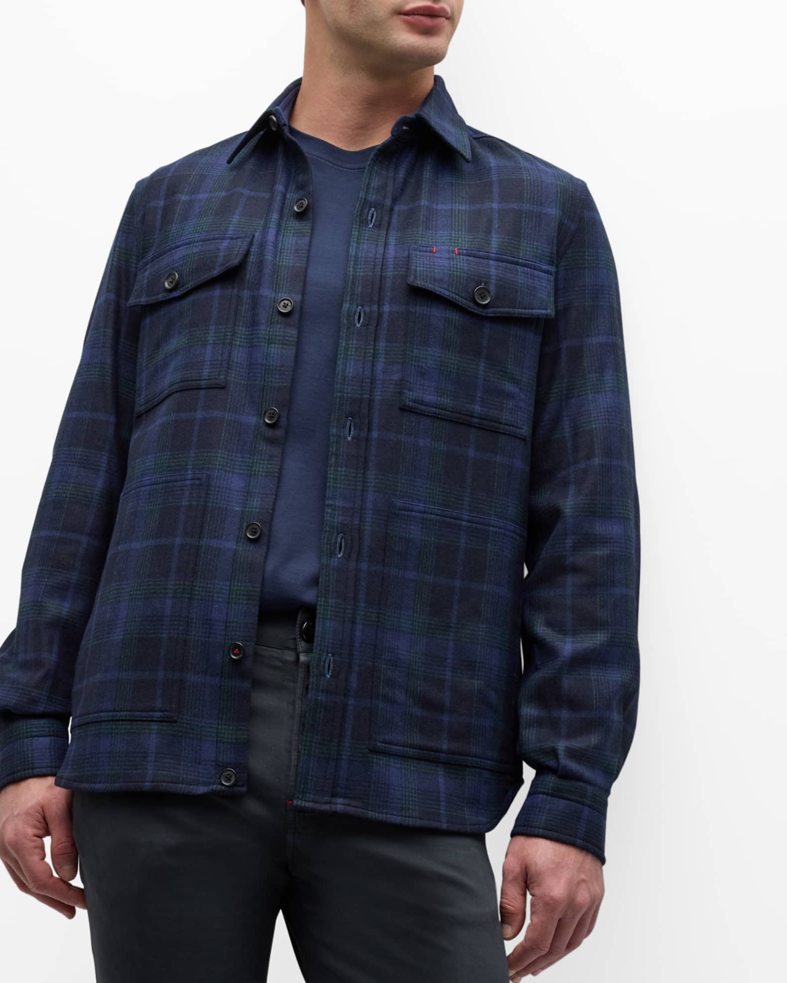 Isaia Men's Wool-Cashmere Plaid Overshirt | Neiman Marcus