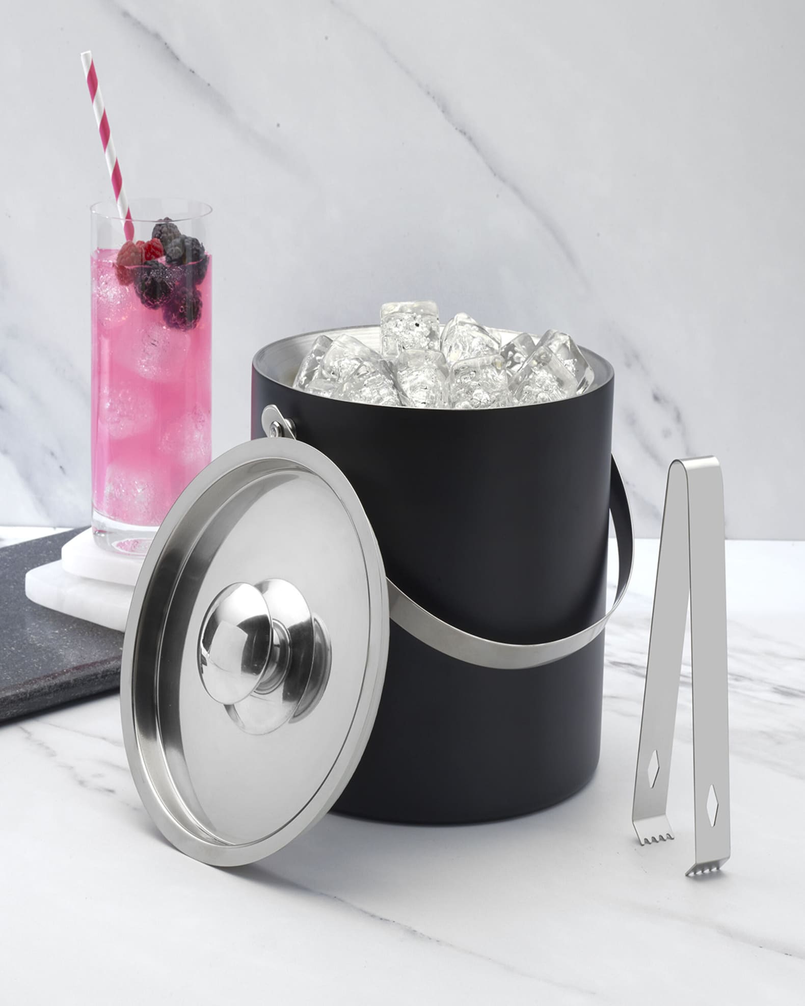 Houdini Matte Black Ice Bucket With Tongs | Neiman Marcus