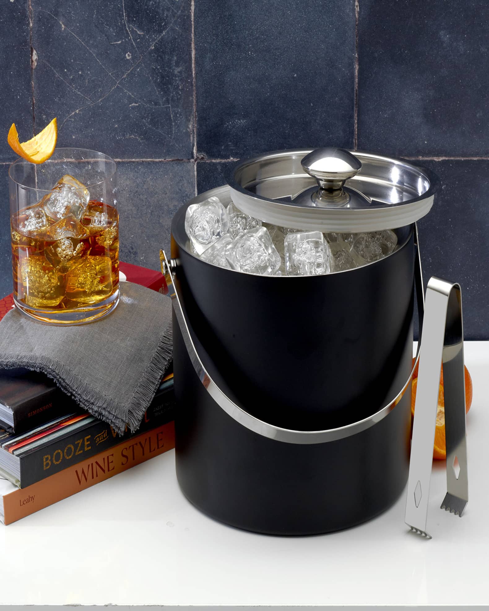 Houdini Matte Black Ice Bucket With Tongs | Neiman Marcus