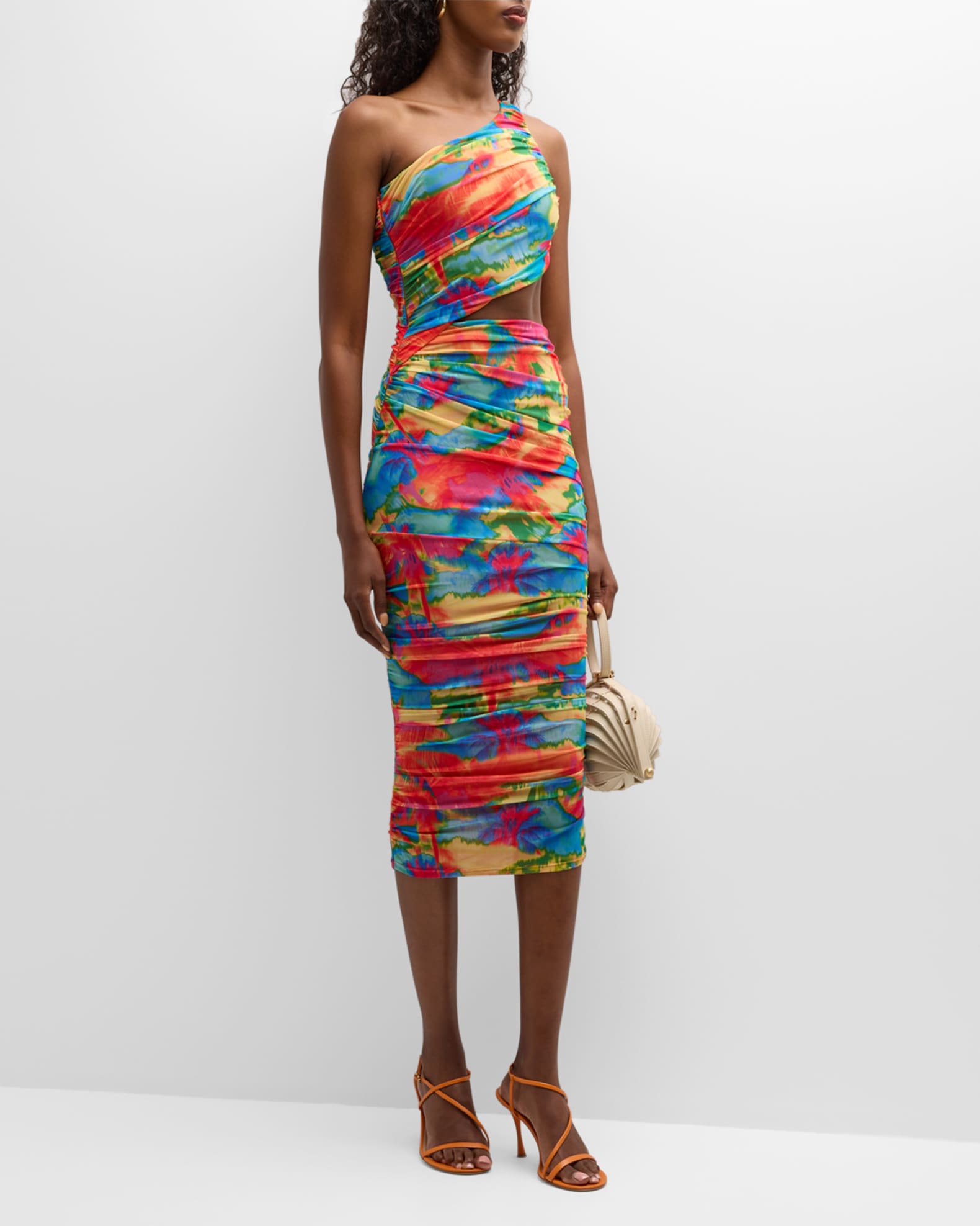 SER.O.YA Imani One-Shoulder Ruched Cut-Out Midi Bodycon Dress | Neiman Marcus
