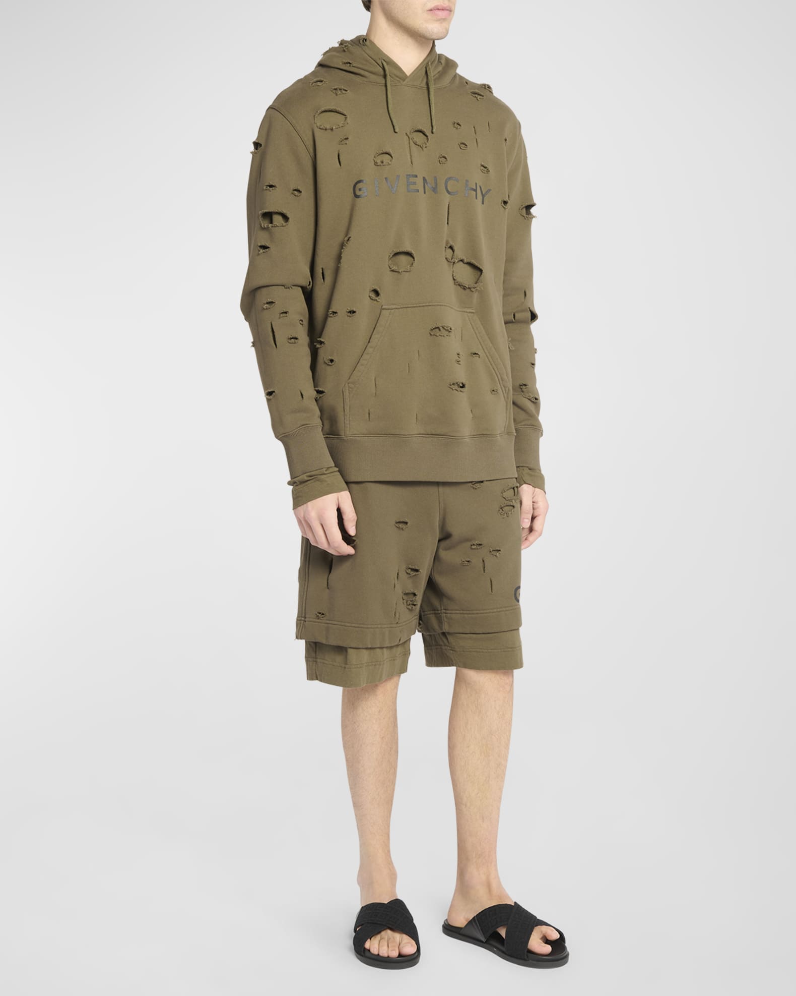 Givenchy Men's Destroyed Double-Layer Logo Hoodie | Neiman Marcus
