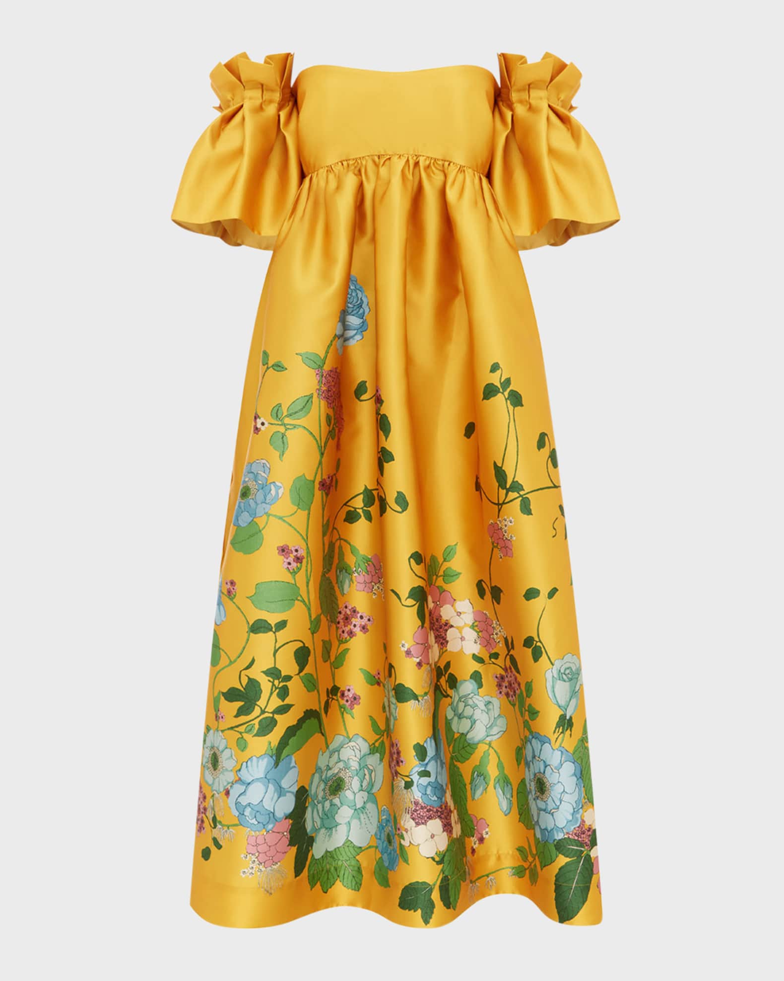 ALEMAIS Dana Tie-Back Off-the-Shoulder Floral Midi Dress | Neiman Marcus