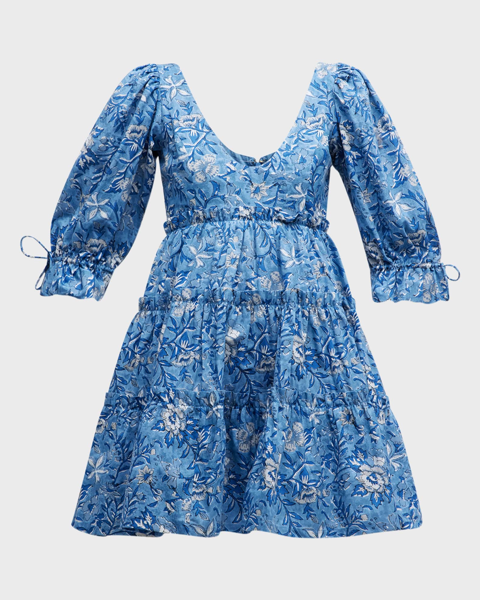 EDDY Julia Puff-Sleeve Tie-Cuff Floral Mini Dress | Neiman Marcus