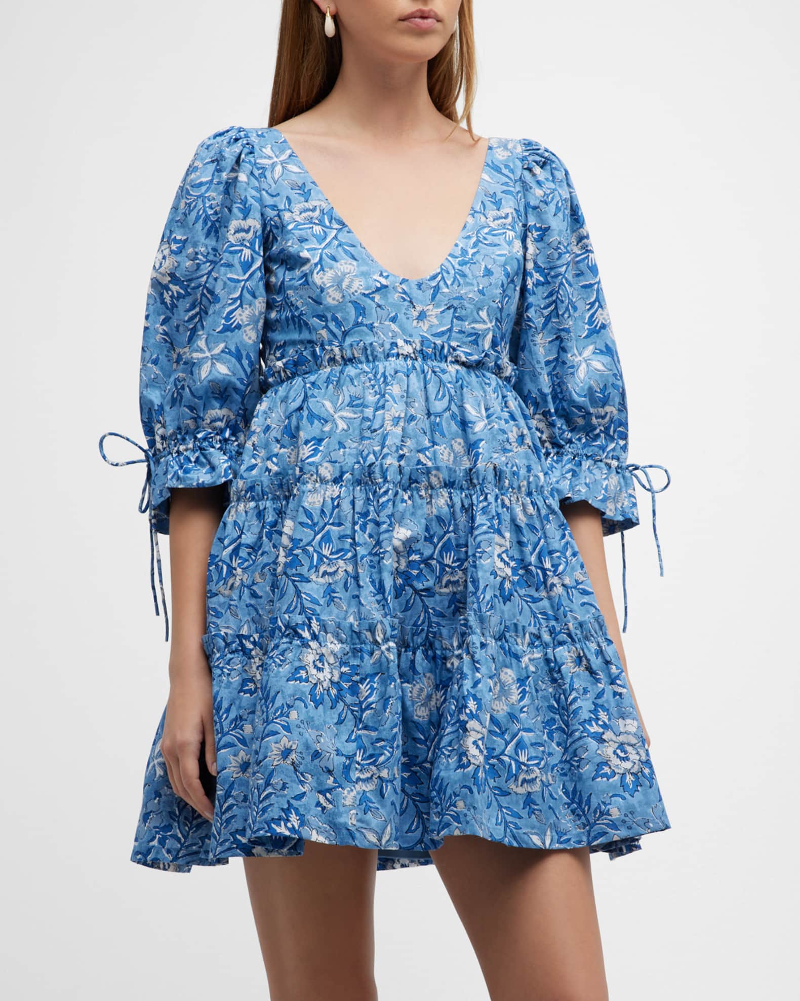 EDDY Julia Puff-Sleeve Tie-Cuff Floral Mini Dress | Neiman Marcus