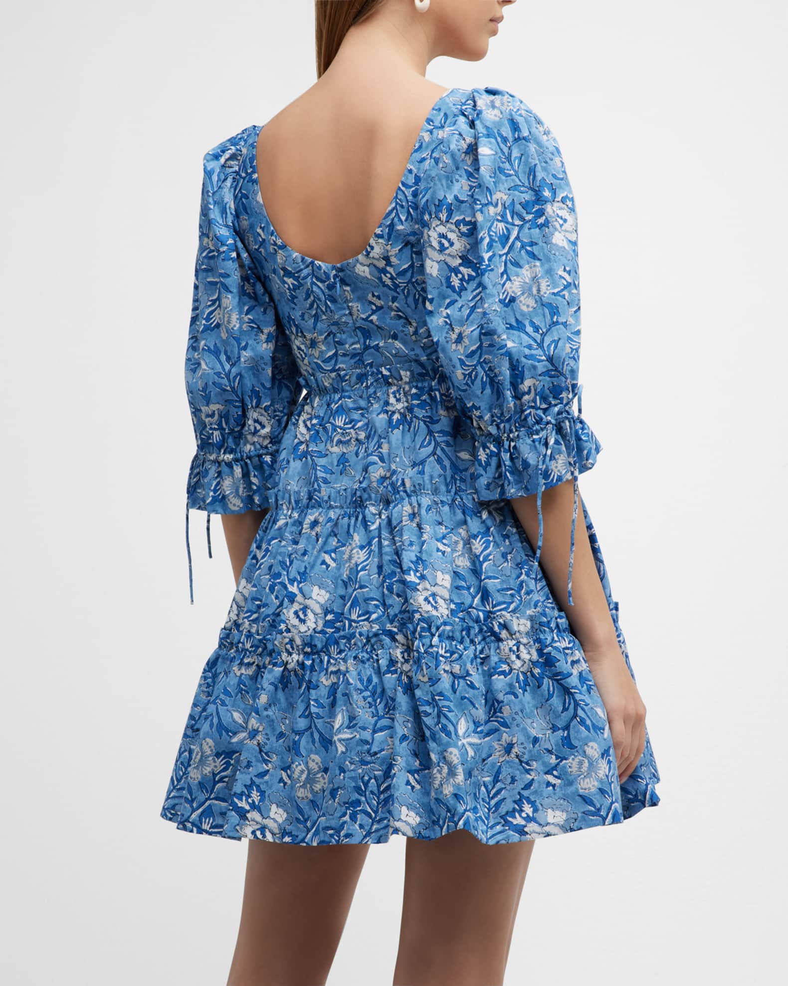 EDDY Julia Puff-Sleeve Tie-Cuff Floral Mini Dress | Neiman Marcus