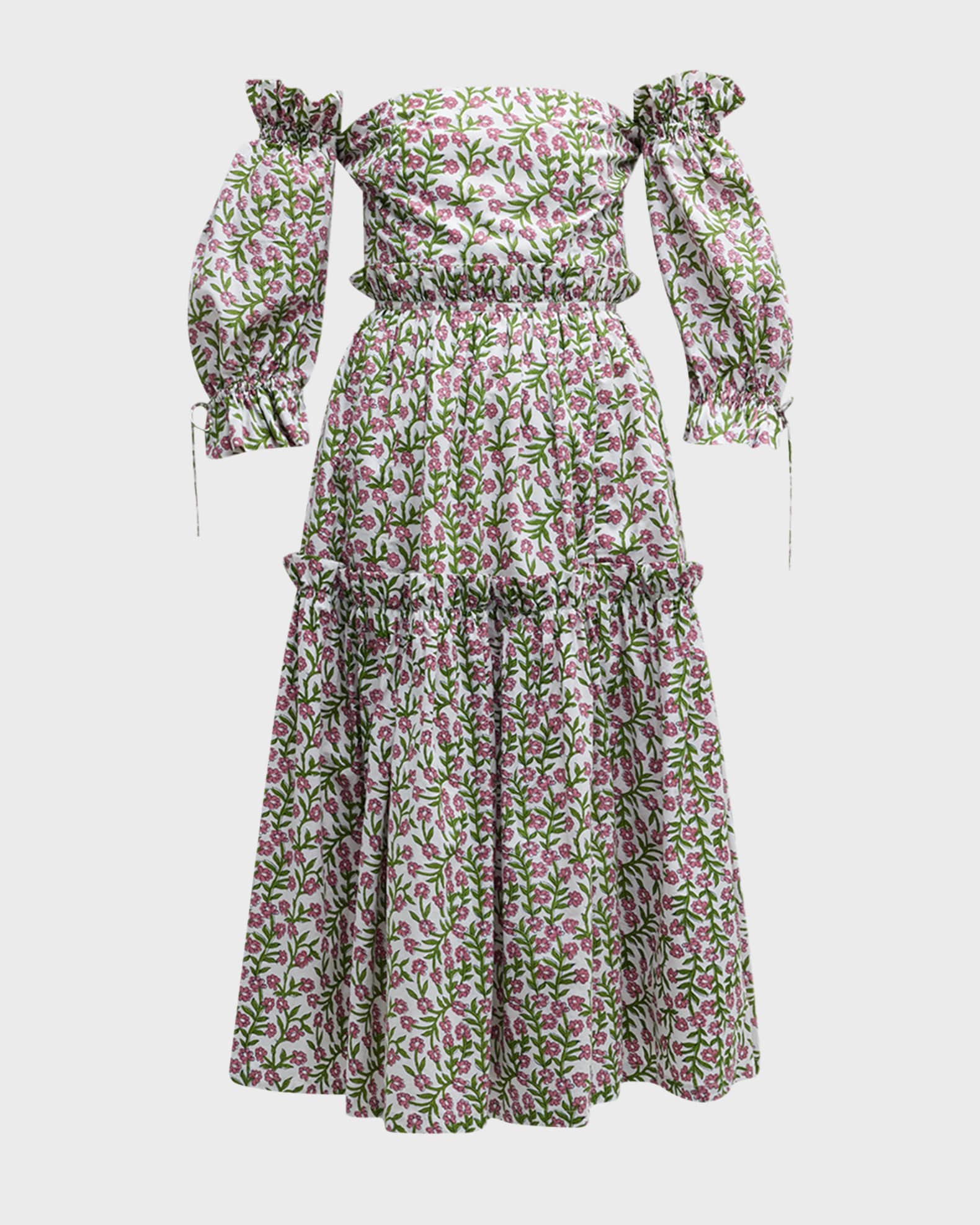 EDDY Olivia Floral Tie-Back Puff-Sleeve Midi Dress | Neiman Marcus