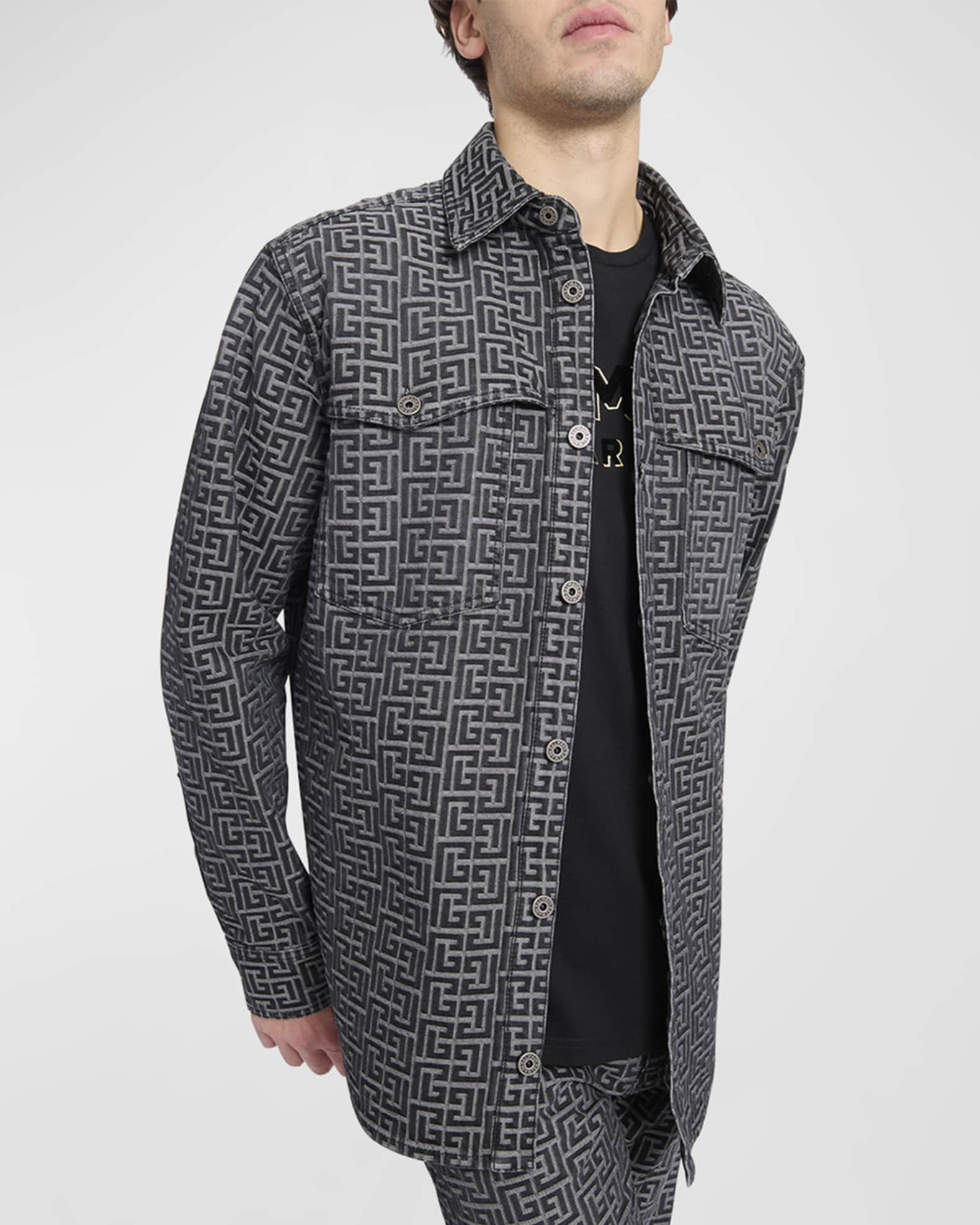 Balmain Men's Monogram Denim Sport Shirt | Neiman Marcus