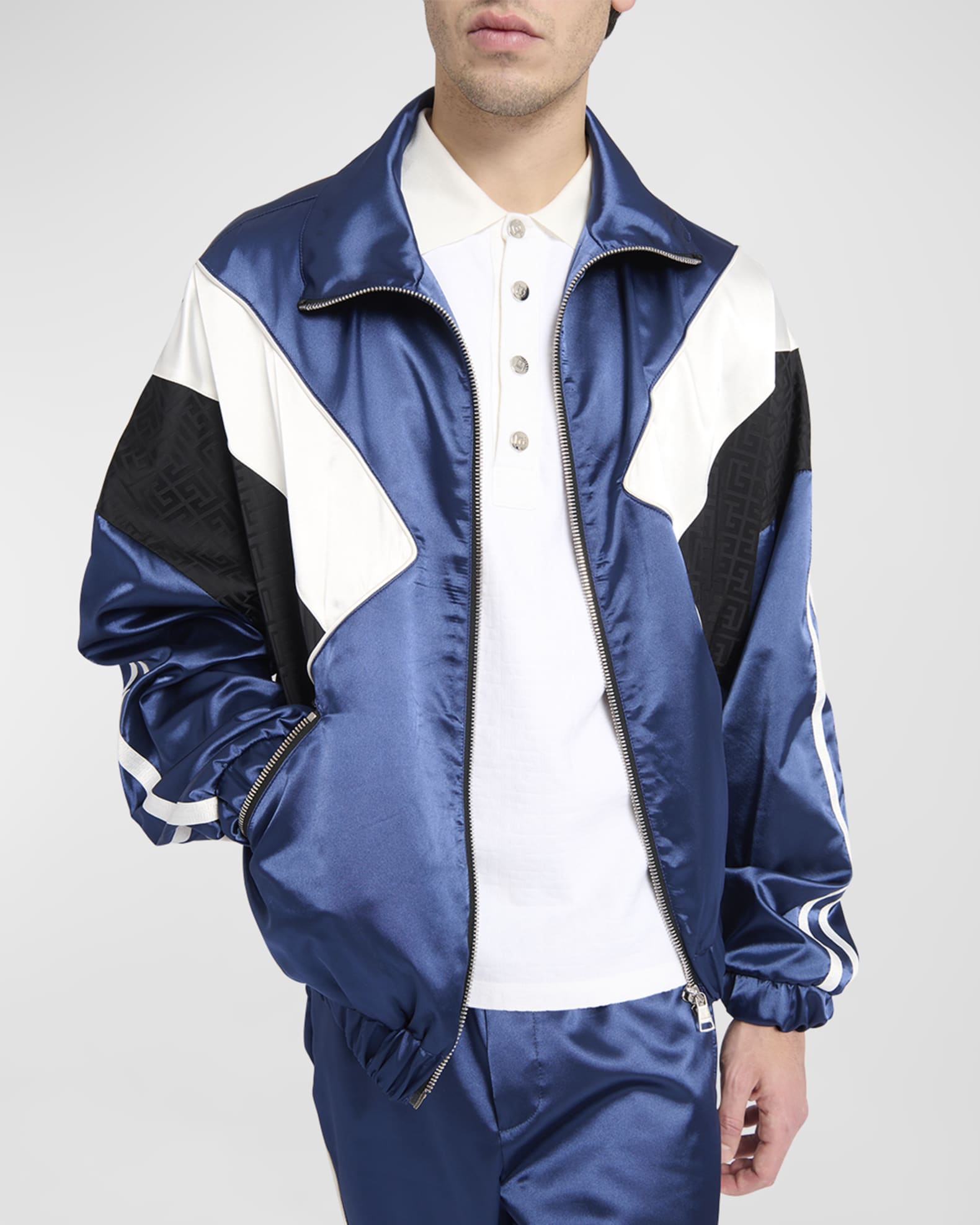 Balmain Men's Satin Monogram Cut Track Jacket | Neiman Marcus