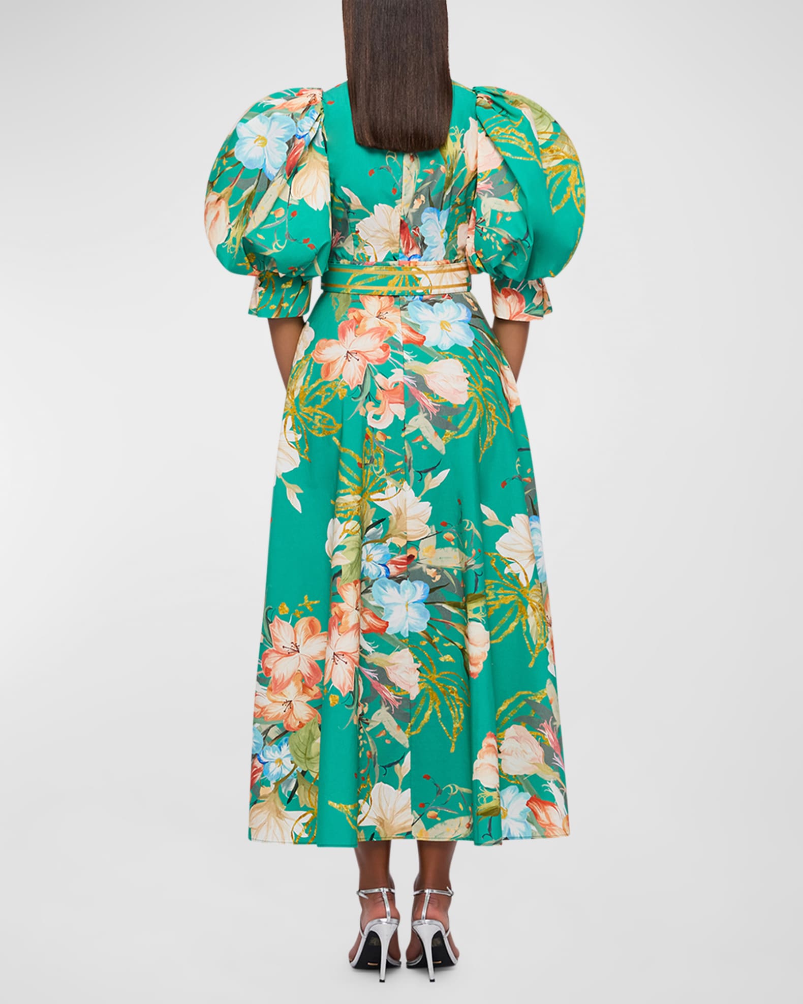 LEO LIN Maxima Floral-Print Puff-Sleeve Midi Dress | Neiman Marcus