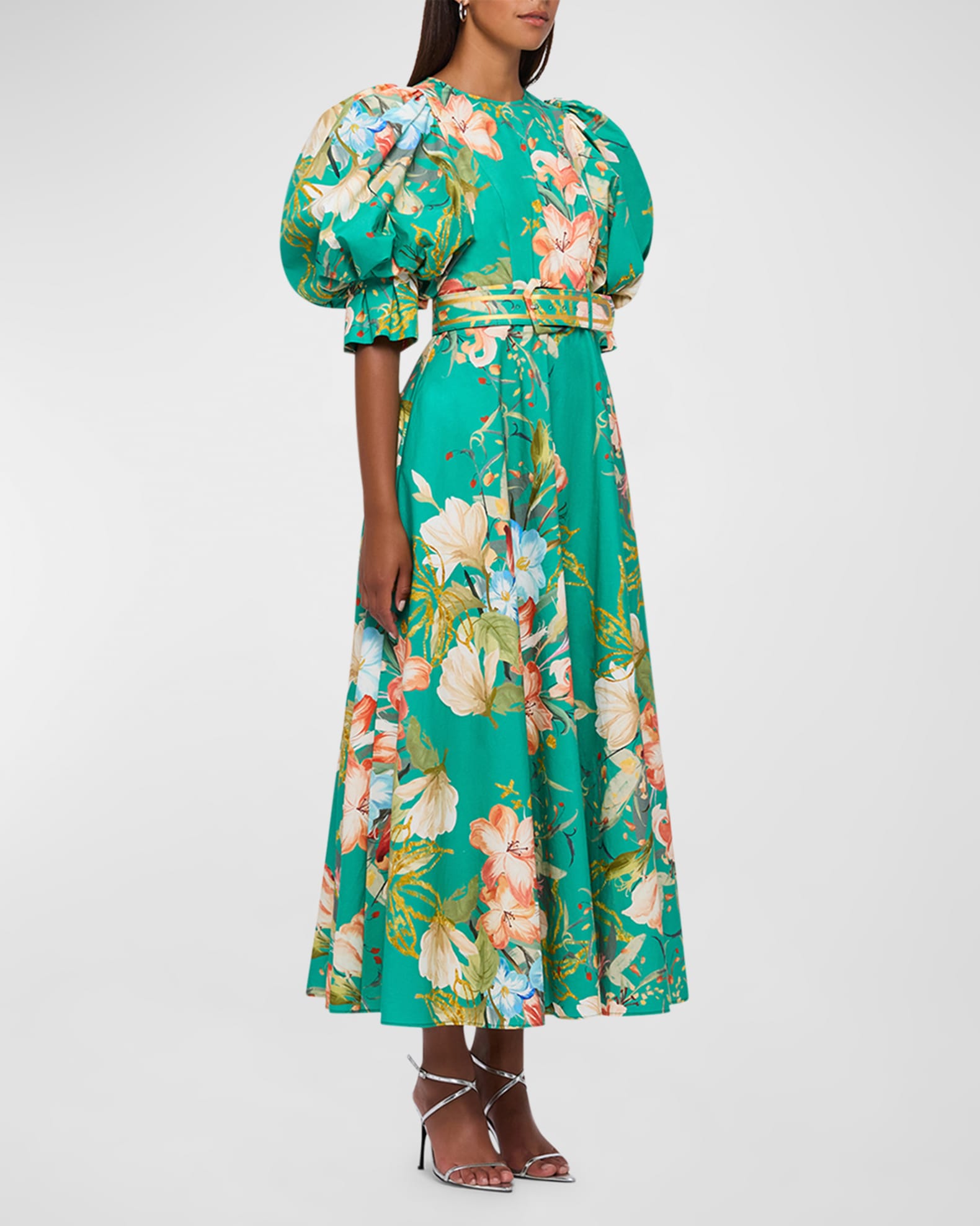 LEO LIN Maxima Floral-Print Puff-Sleeve Midi Dress | Neiman Marcus