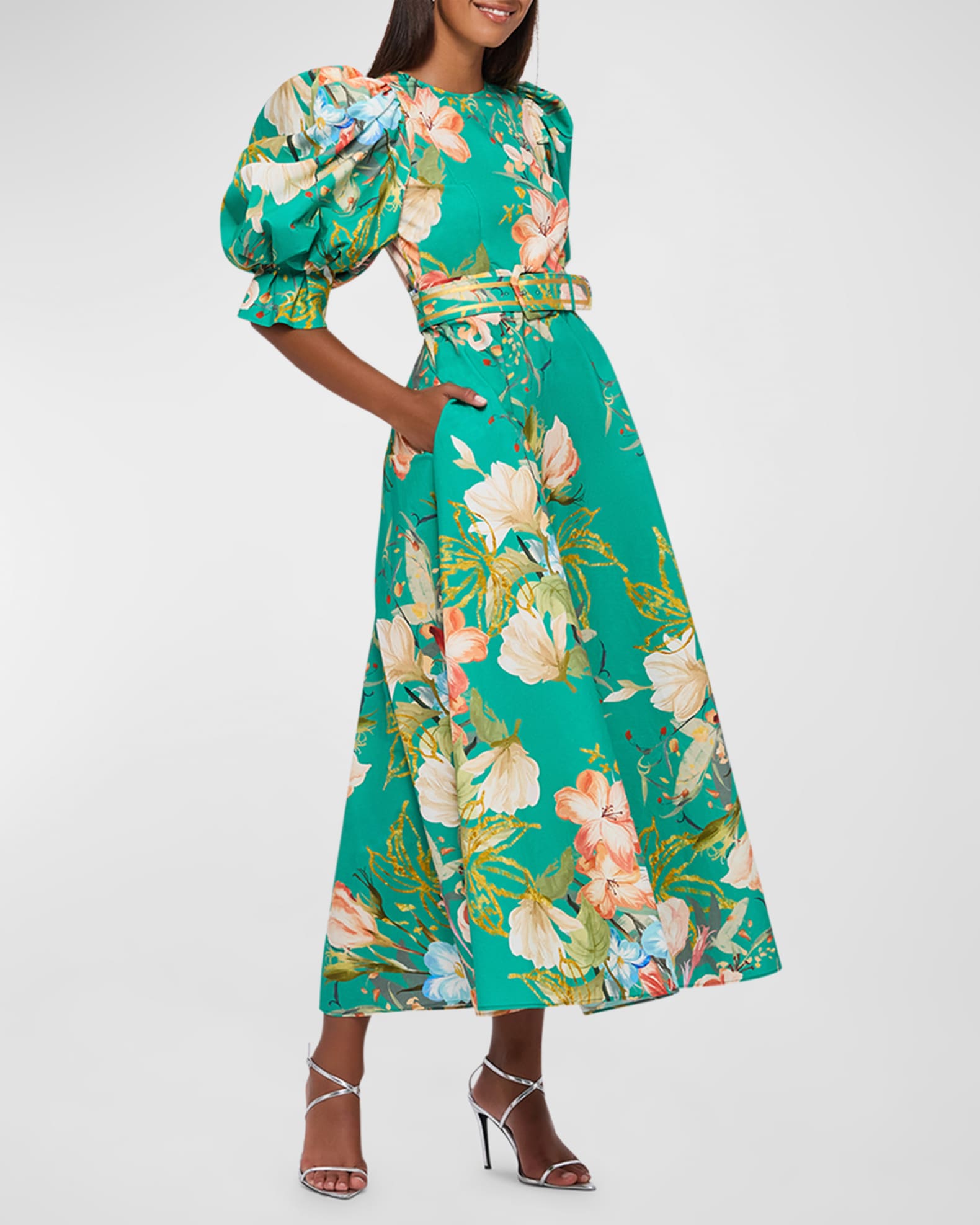 LEO LIN Maxima Floral-Print Puff-Sleeve Midi Dress | Neiman Marcus