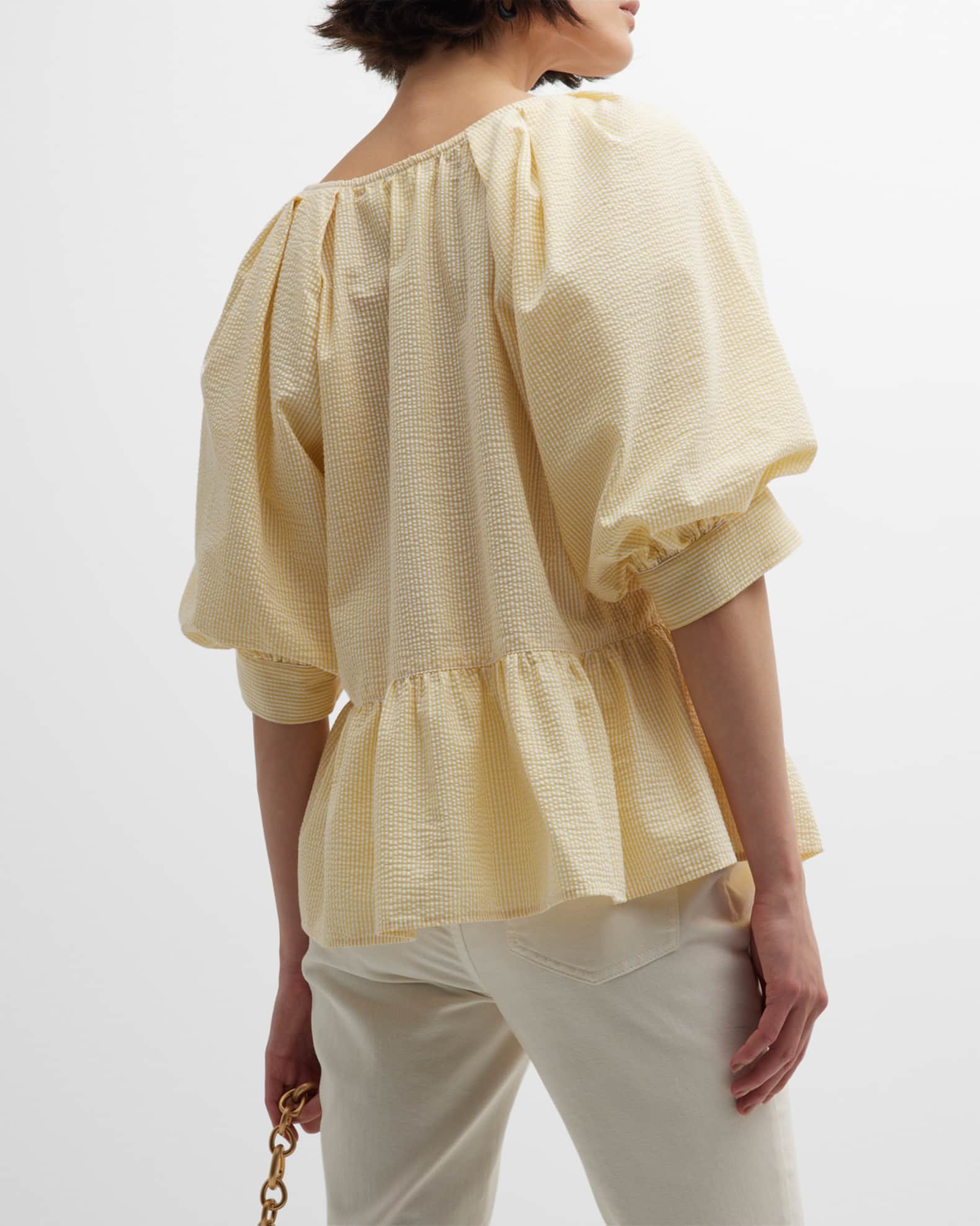 Finley Prisha Blouson-Sleeve Seersucker Flounce Top | Neiman Marcus