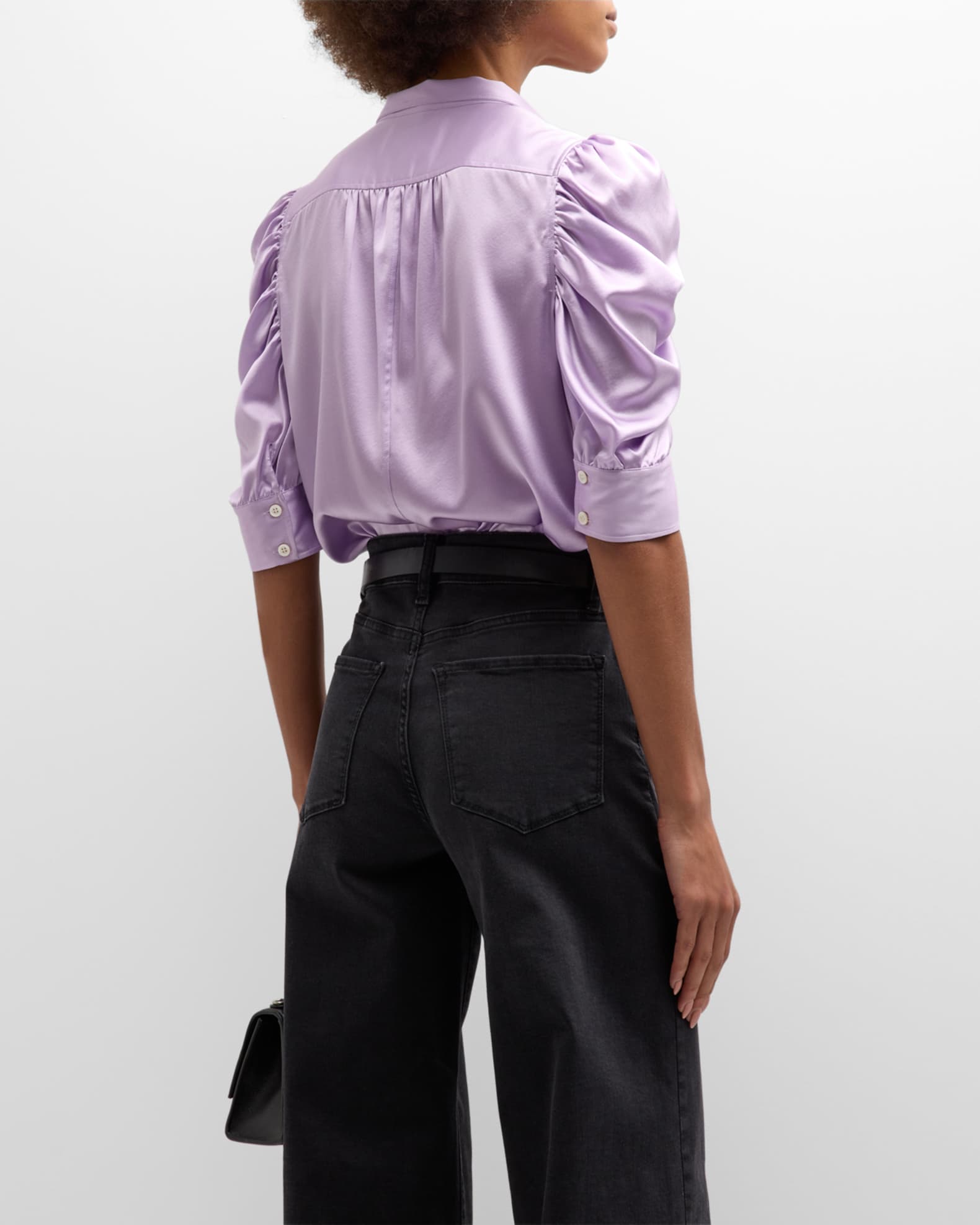 FRAME Gillian Collared Stretch-Silk Top | Neiman Marcus