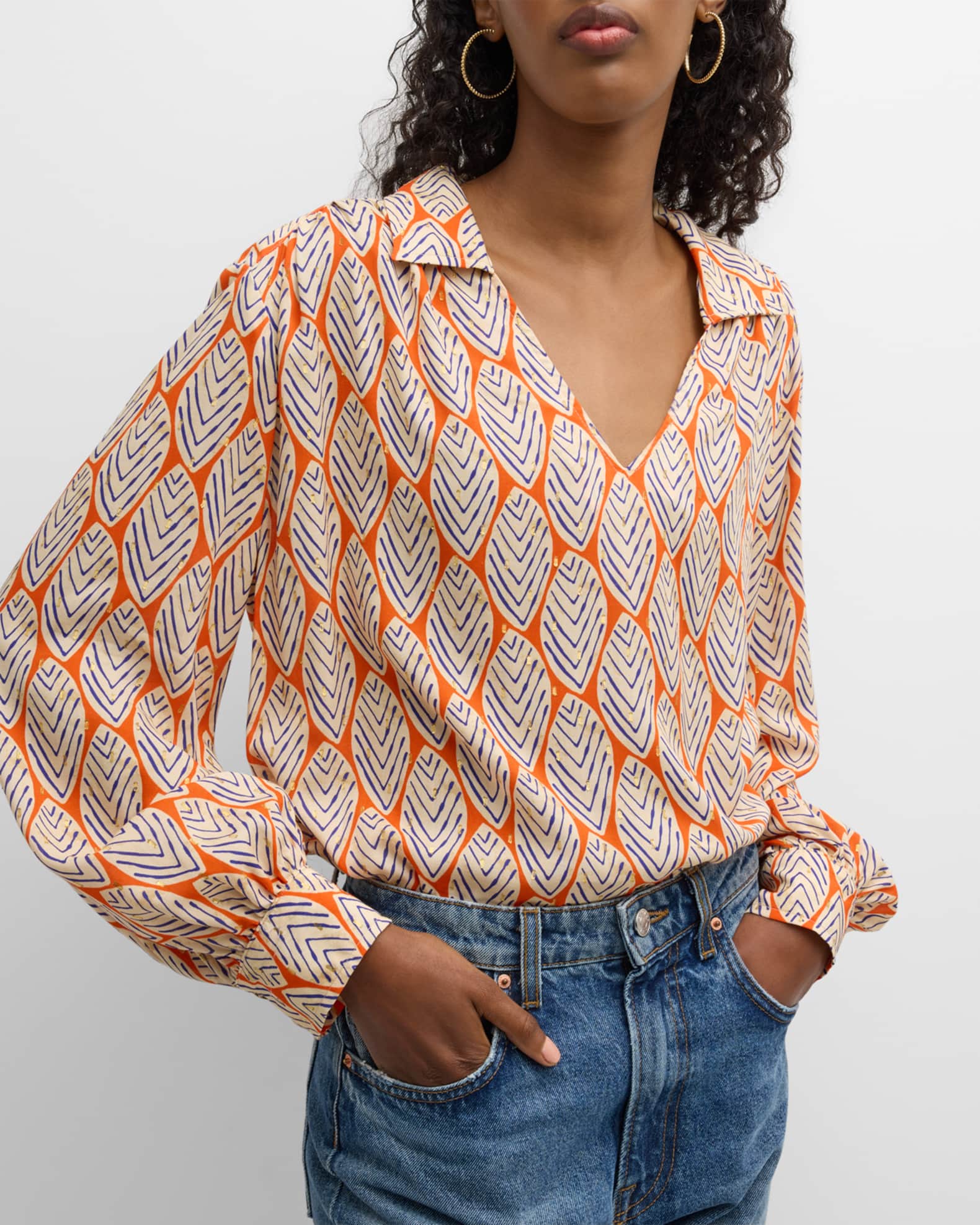 Finley Davy Leaf-Print Sparkle Blouse | Neiman Marcus