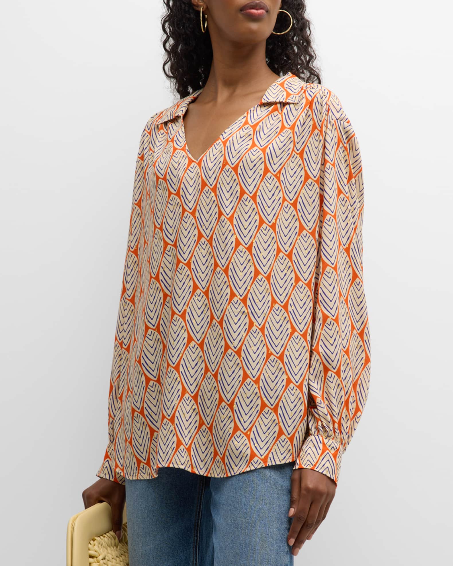 Finley Davy Leaf-Print Sparkle Blouse | Neiman Marcus