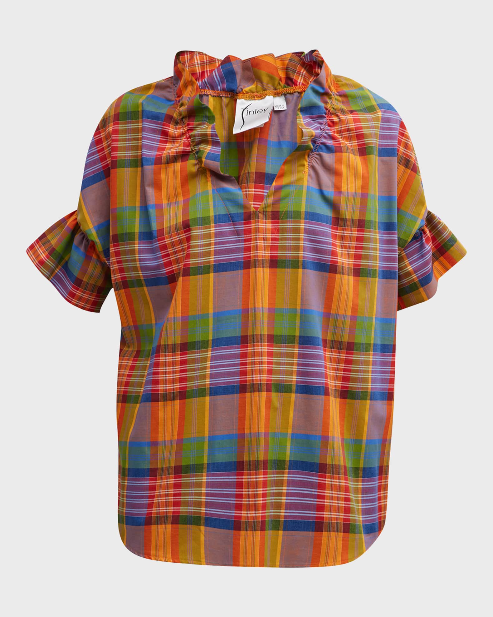 Finley Crosby Ruffle-Trim Plaid Cotton Shirt | Neiman Marcus