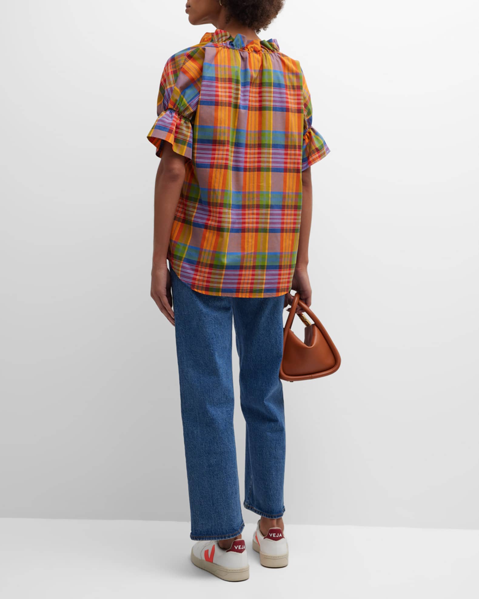 Finley Crosby Ruffle-Trim Plaid Cotton Shirt | Neiman Marcus