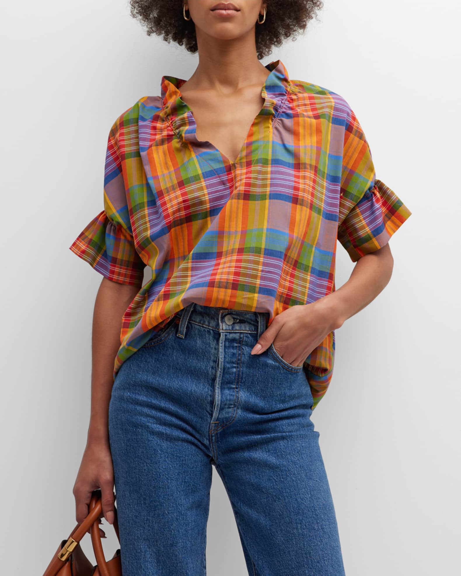 Finley Crosby Ruffle-Trim Plaid Cotton Shirt | Neiman Marcus