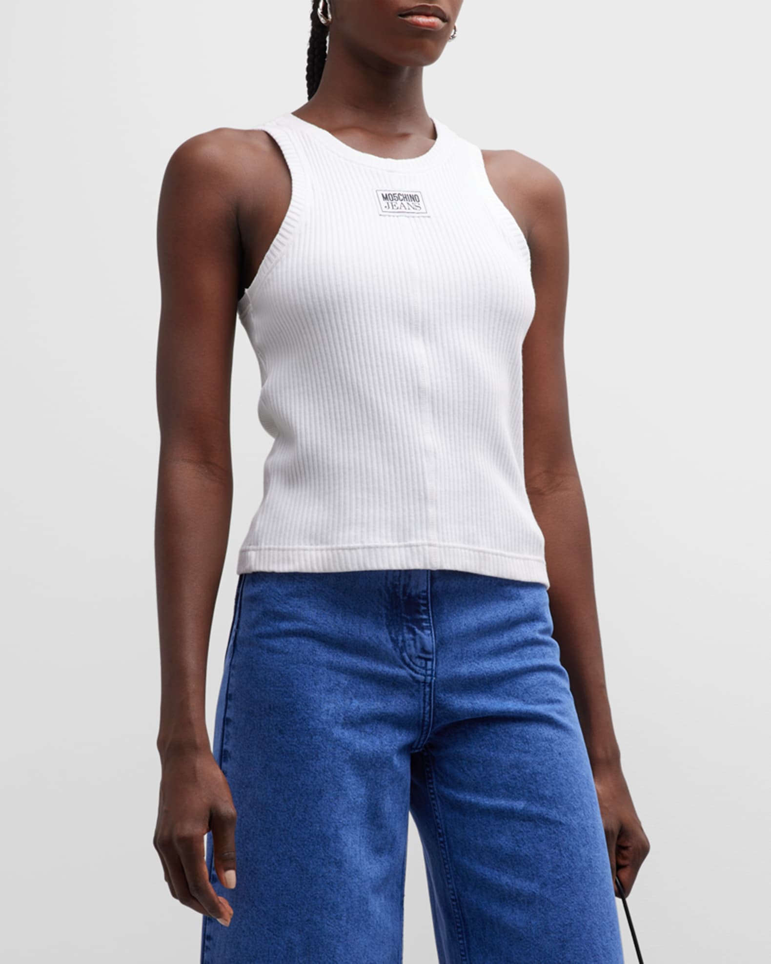 Moschino Jeans Signature Rib-Knit Logo Patch Tank Top | Neiman Marcus