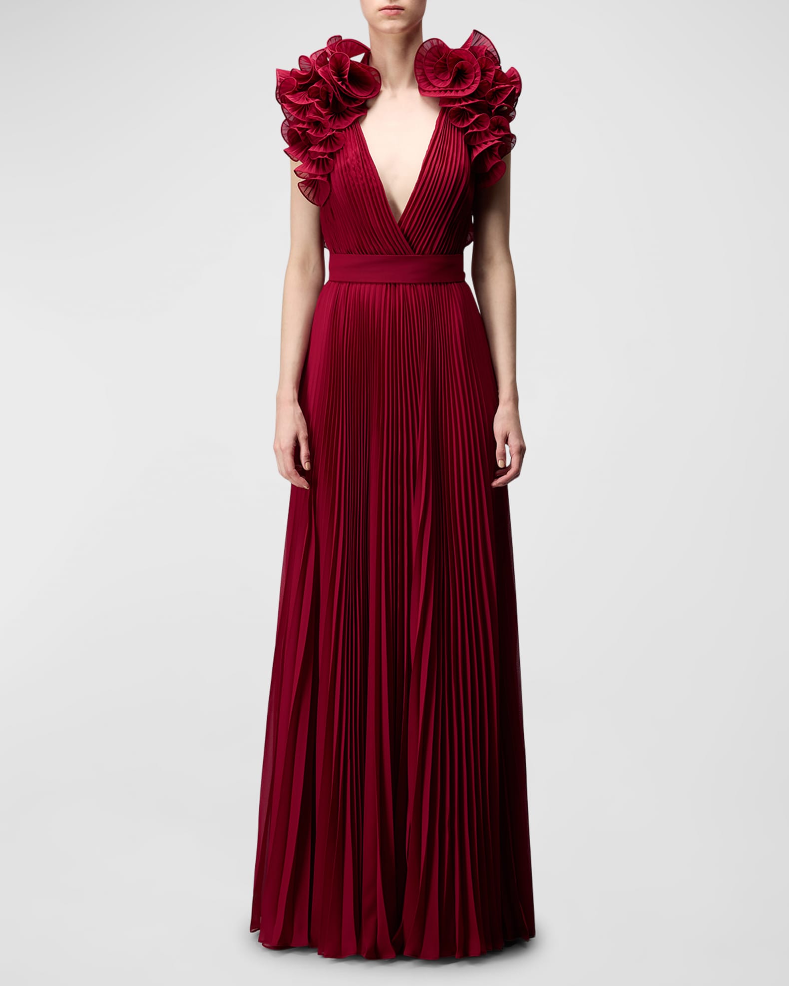 Elie Saab Pleated Georgette Gown with Ruffle Detail | Neiman Marcus