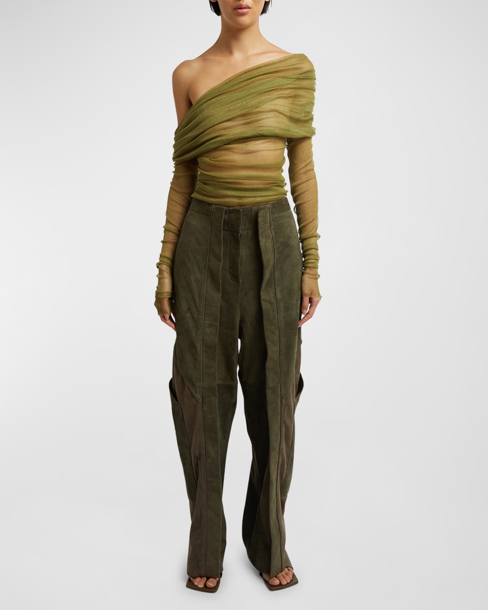 Christopher Esber Veiled Ruched One-Shoulder Mesh Top | Neiman Marcus