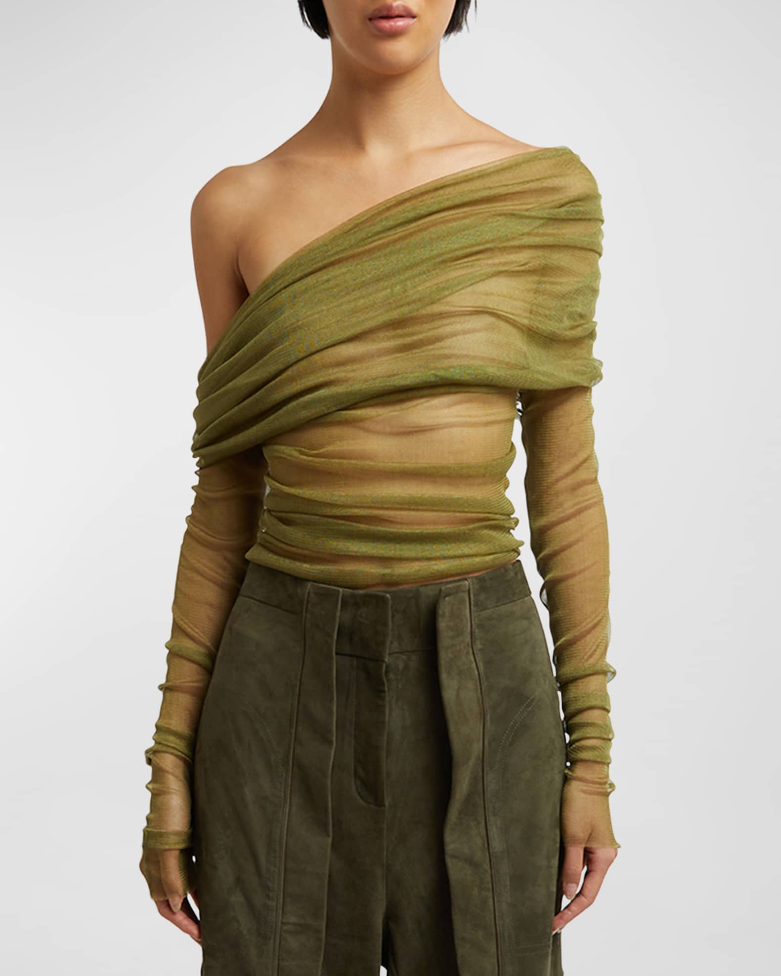 Christopher Esber Veiled Ruched One-Shoulder Mesh Top | Neiman Marcus