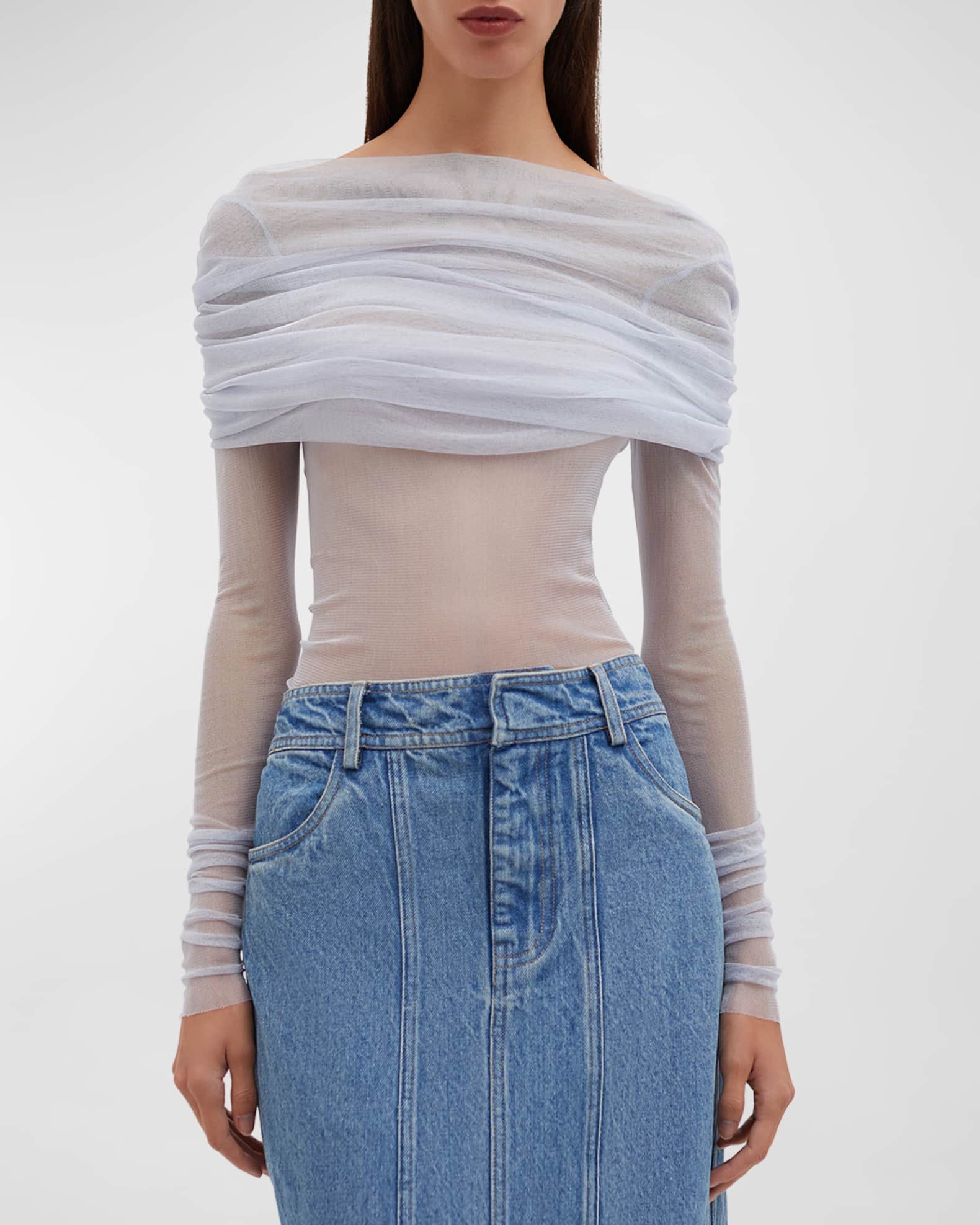 Christopher Esber Veiled Ruched One-Shoulder Mesh Top | Neiman Marcus