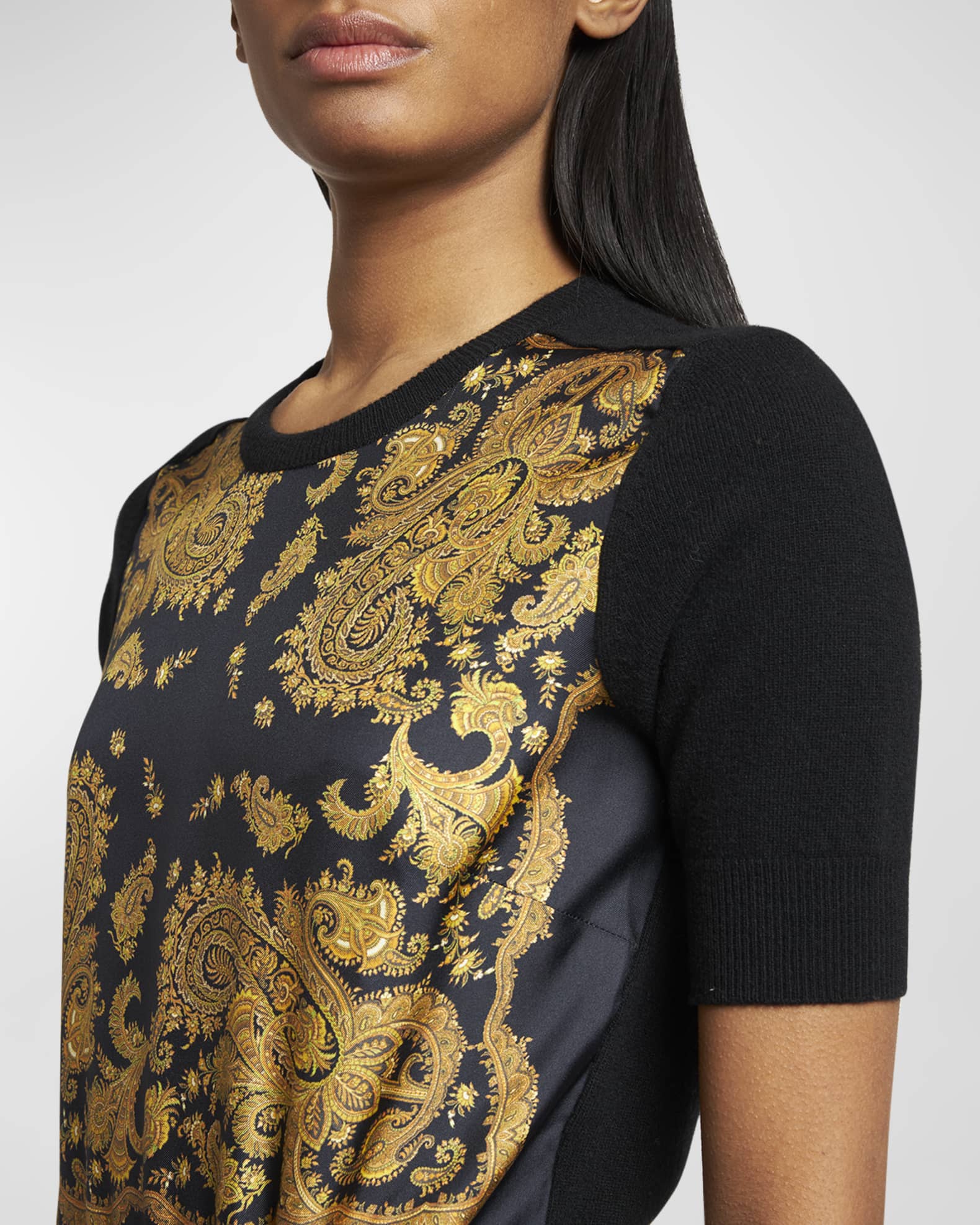 Etro Cashmere Knit Top with Dahlia Paisley Printed Silk Front | Neiman ...