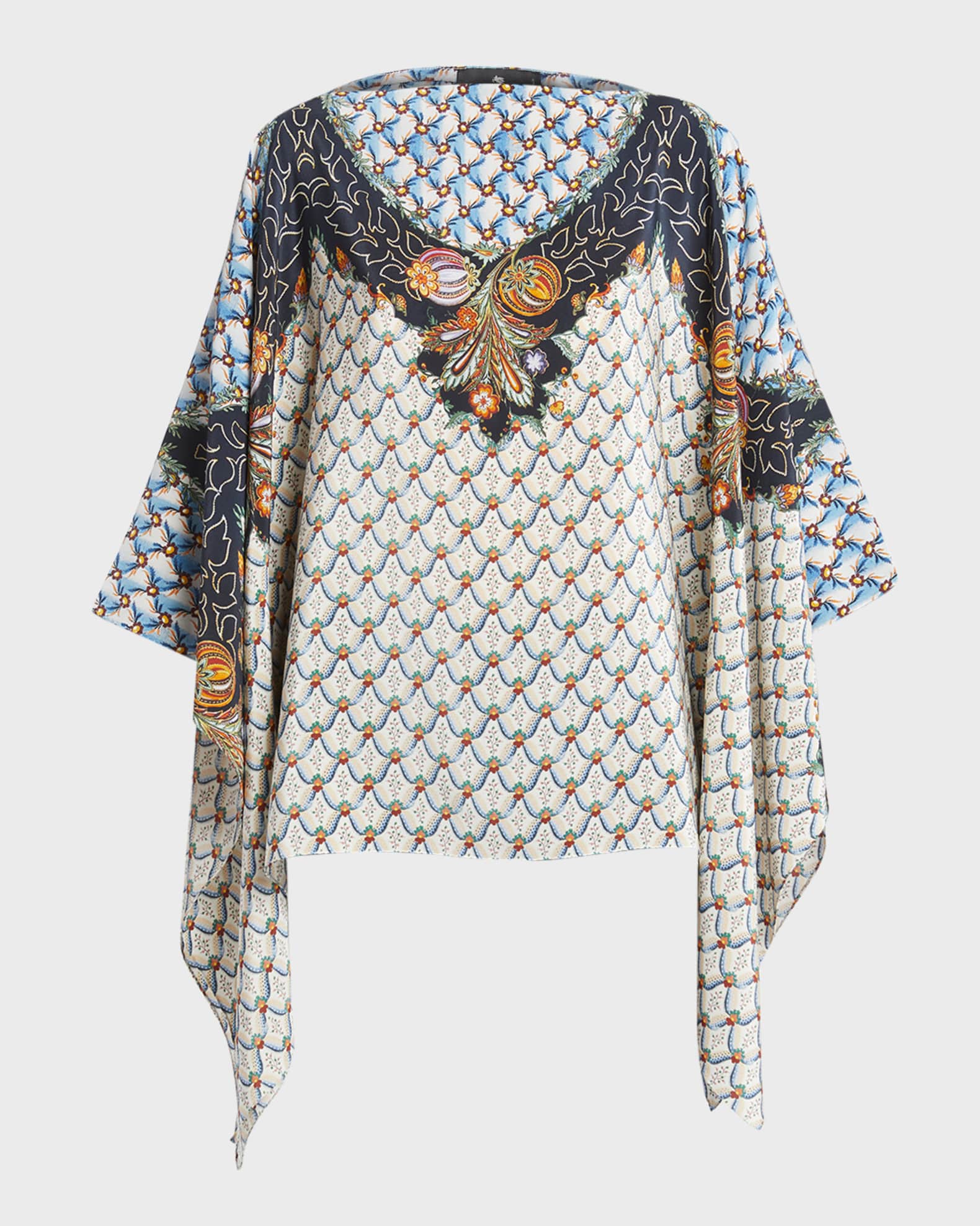Etro Combo Micro Floral-Print Silk Poncho | Neiman Marcus