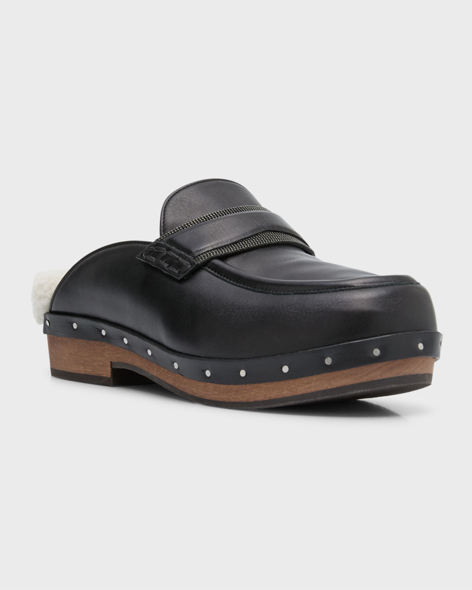 Brunello Cucinelli Leather Shearling Slide Loafer Clogs | Neiman Marcus