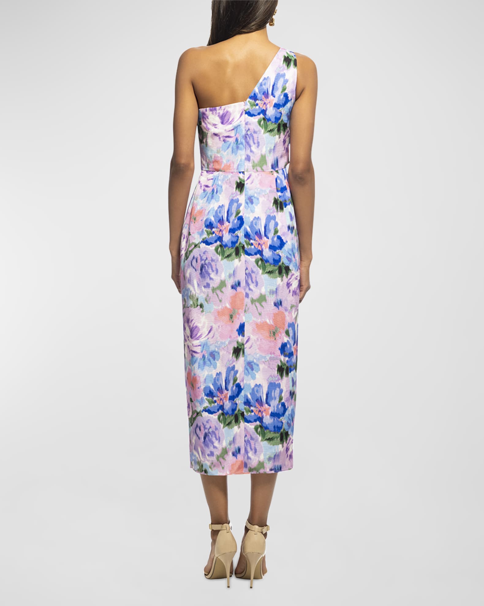 Shoshanna One-Shoulder Bow-Front Floral-Print Midi Dress | Neiman Marcus