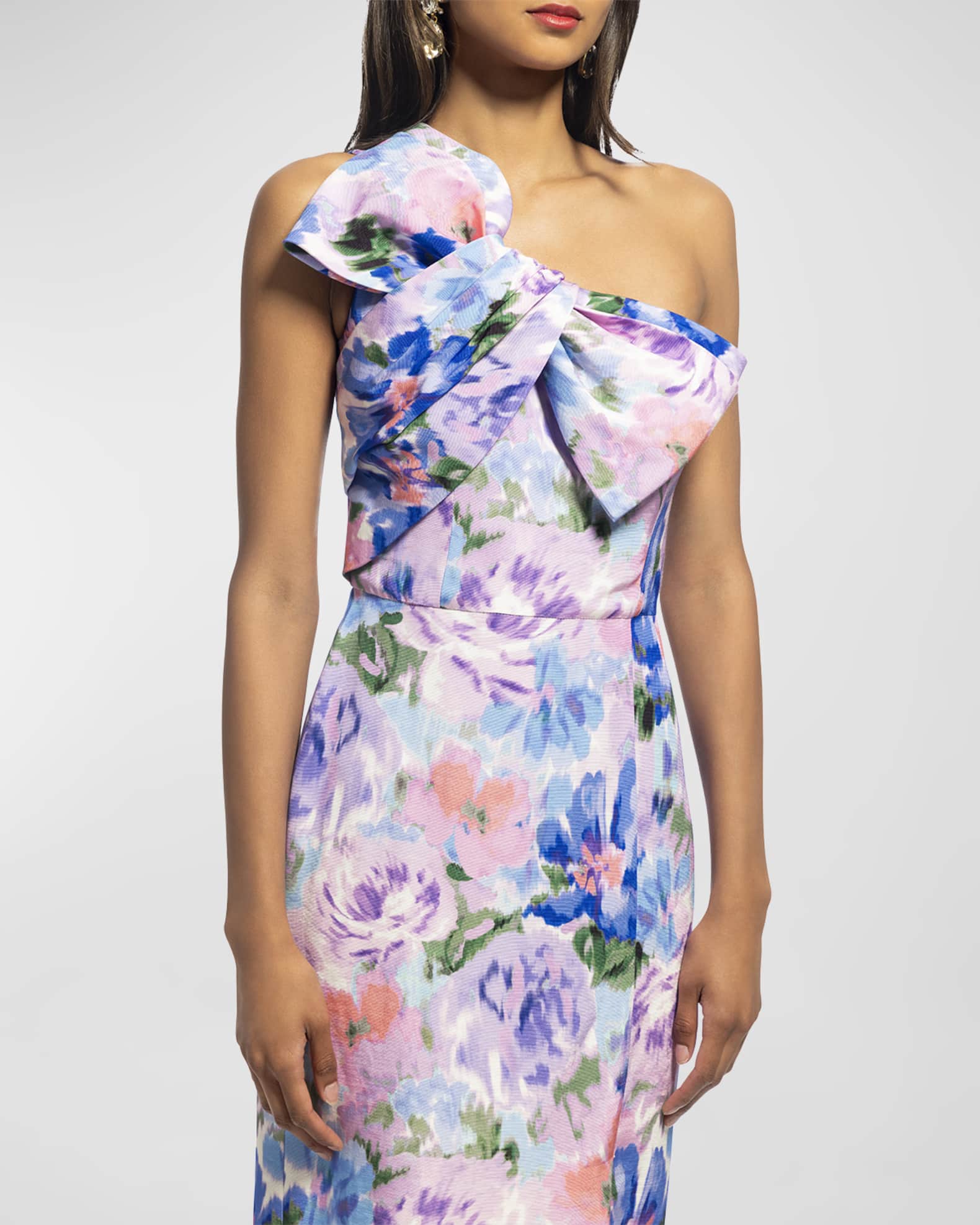 Shoshanna One-Shoulder Bow-Front Floral-Print Midi Dress | Neiman Marcus
