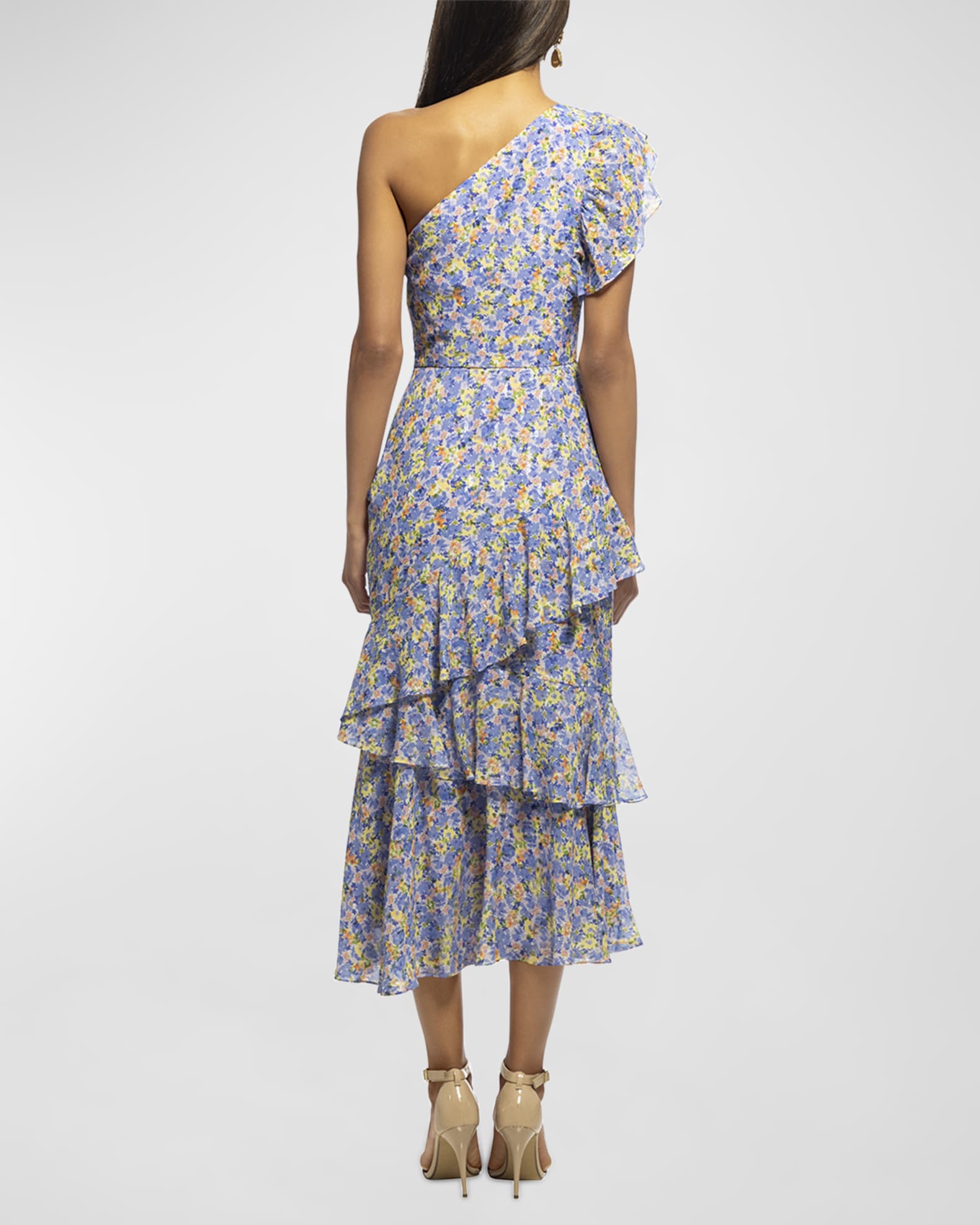 Shoshanna One-Shoulder Floral-Print Tiered Midi Dress | Neiman Marcus