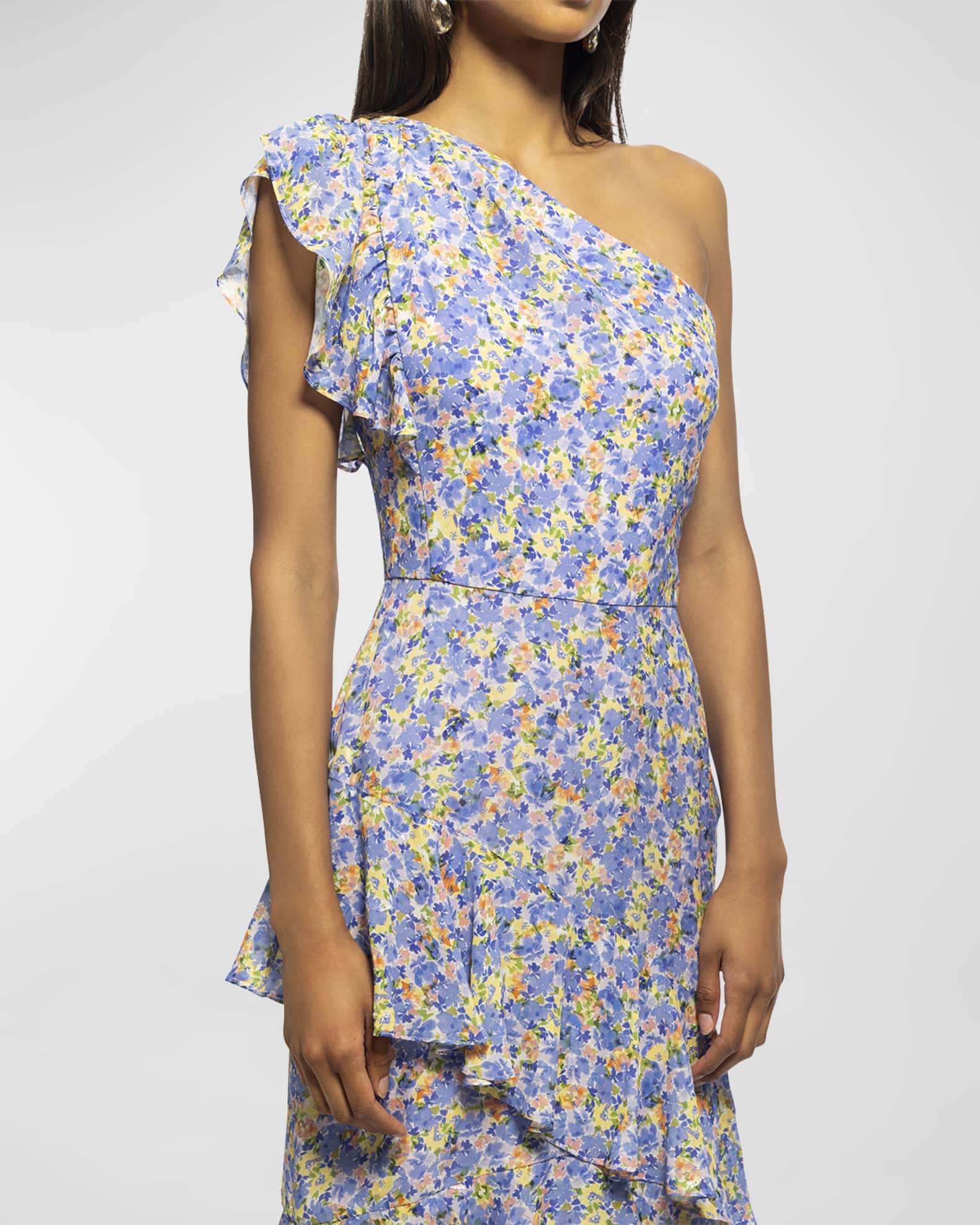 Shoshanna One-Shoulder Floral-Print Tiered Midi Dress | Neiman Marcus