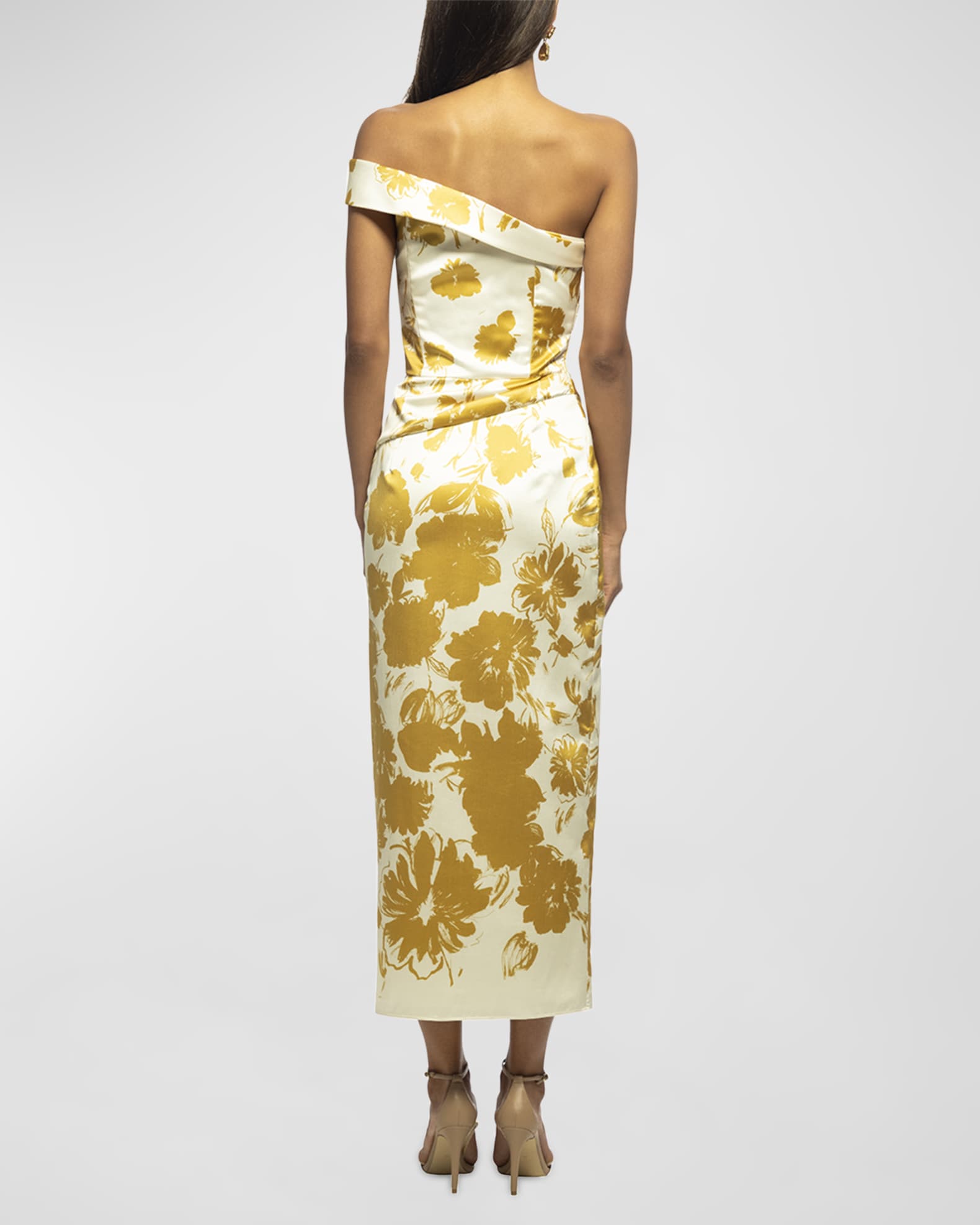Shoshanna Off-Shoulder Floral-Print Mikado Midi Dress | Neiman Marcus