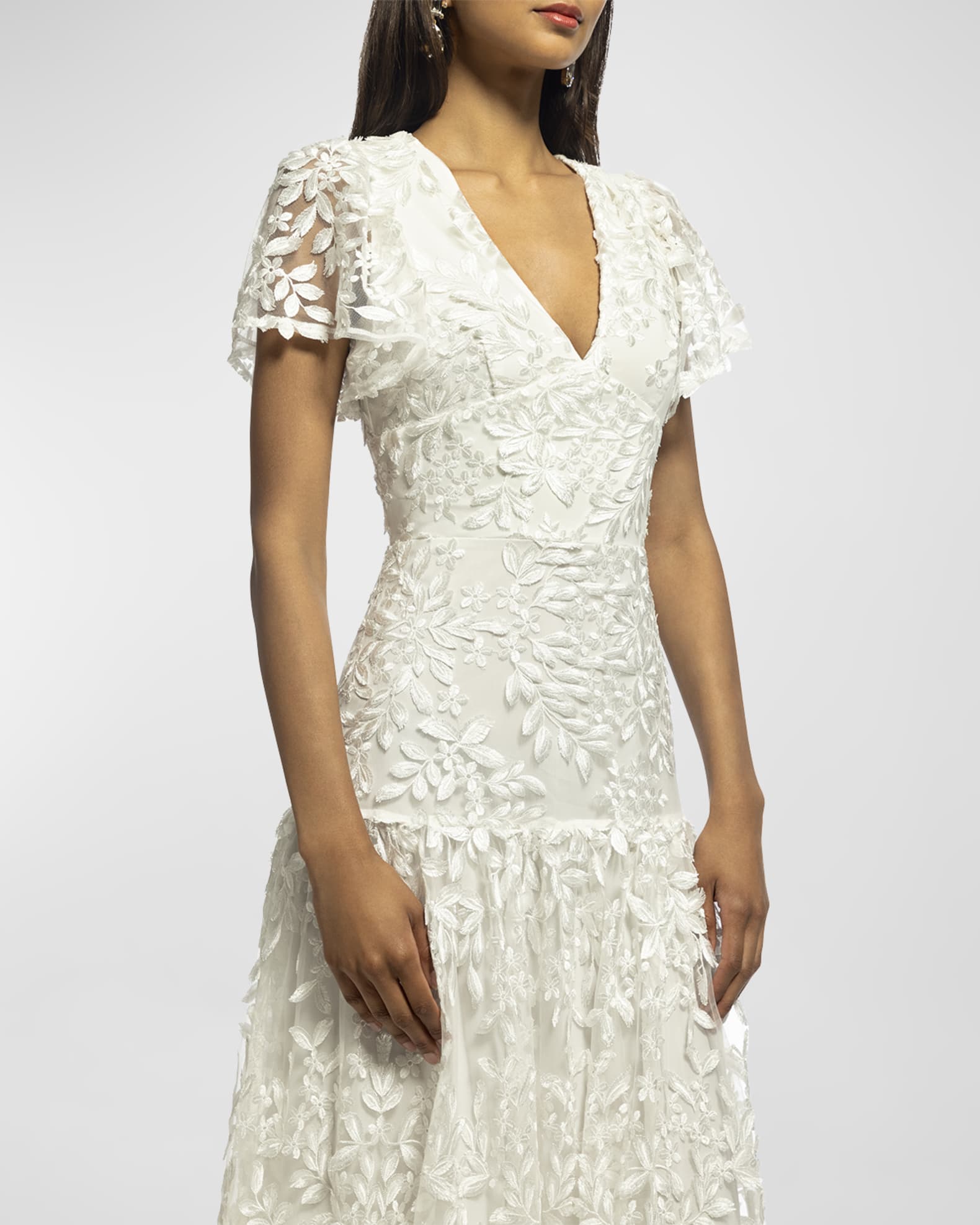 Shoshanna Embroidered Flutter Sleeve Mesh Maxi Dress Neiman Marcus