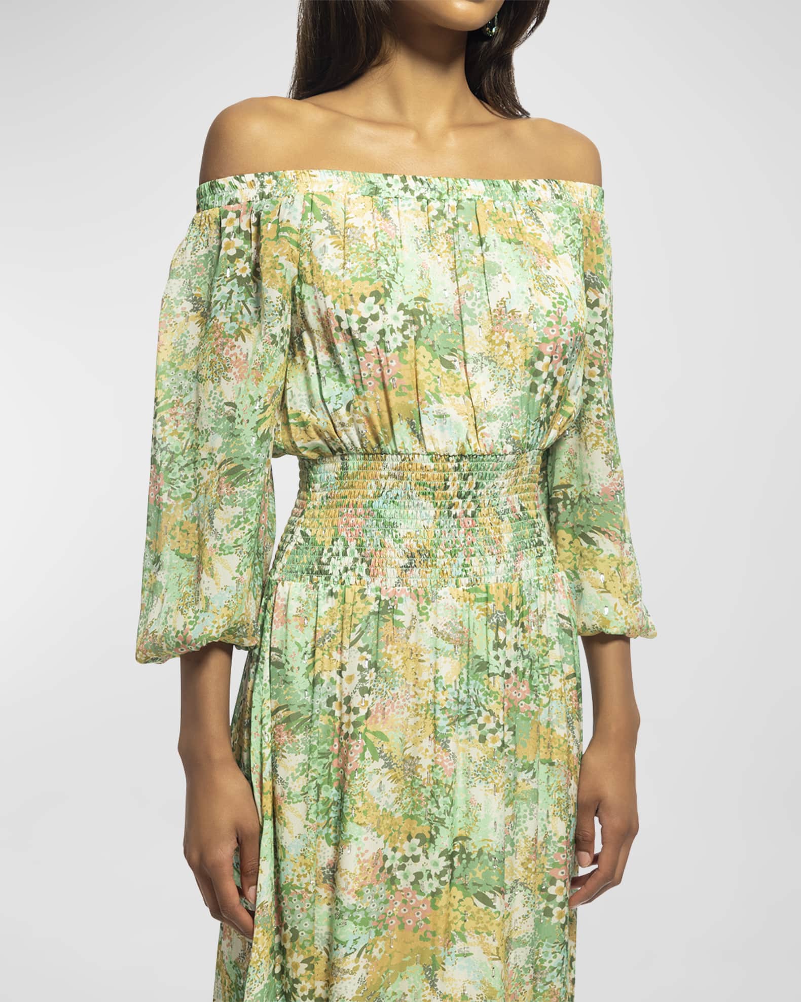 Shoshanna Smocked Off-Shoulder Floral-Print Maxi Dress | Neiman Marcus