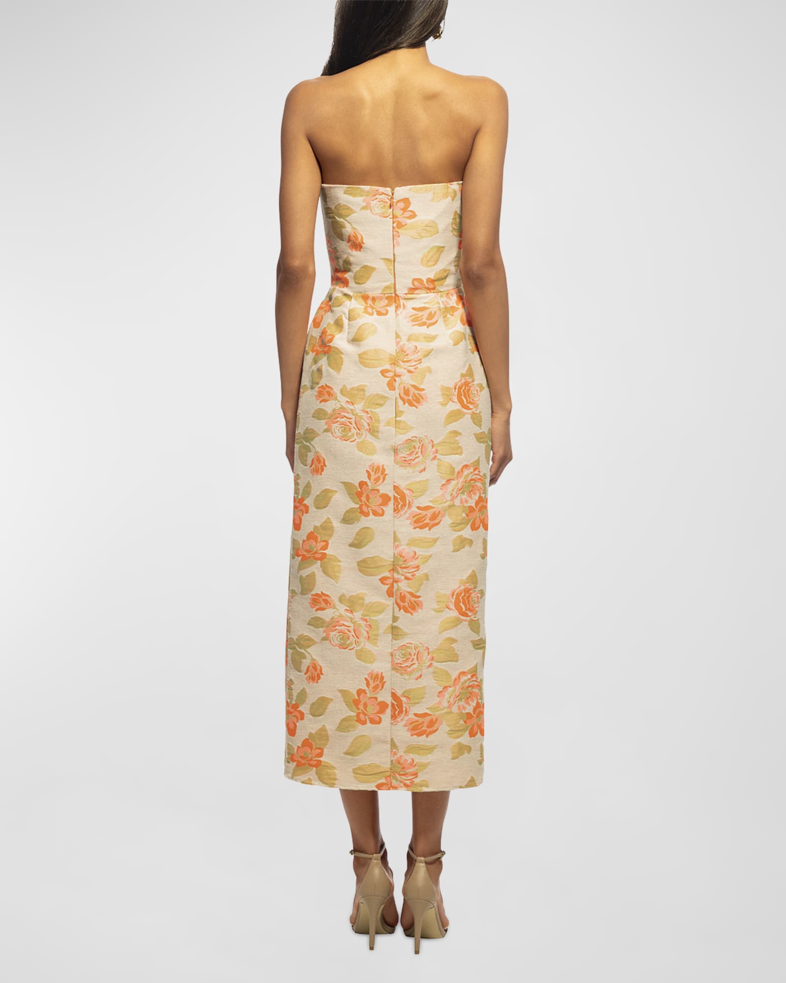 Shoshanna Strapless Draped Floral Jacquard Midi Dress | Neiman Marcus