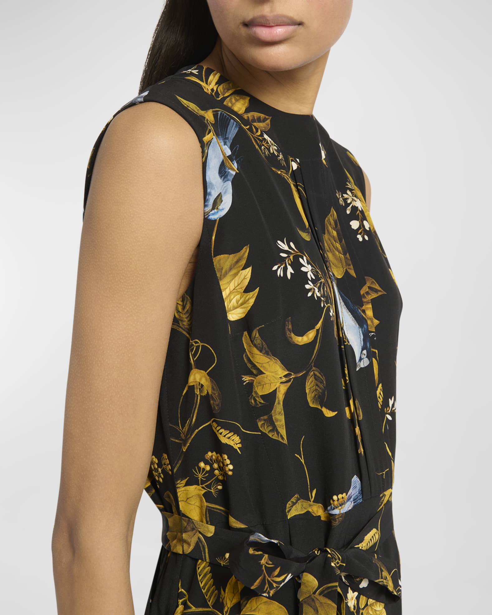 Erdem Bird-Print Belted Sleeveless Ruffle-Hem Midi Dress | Neiman Marcus