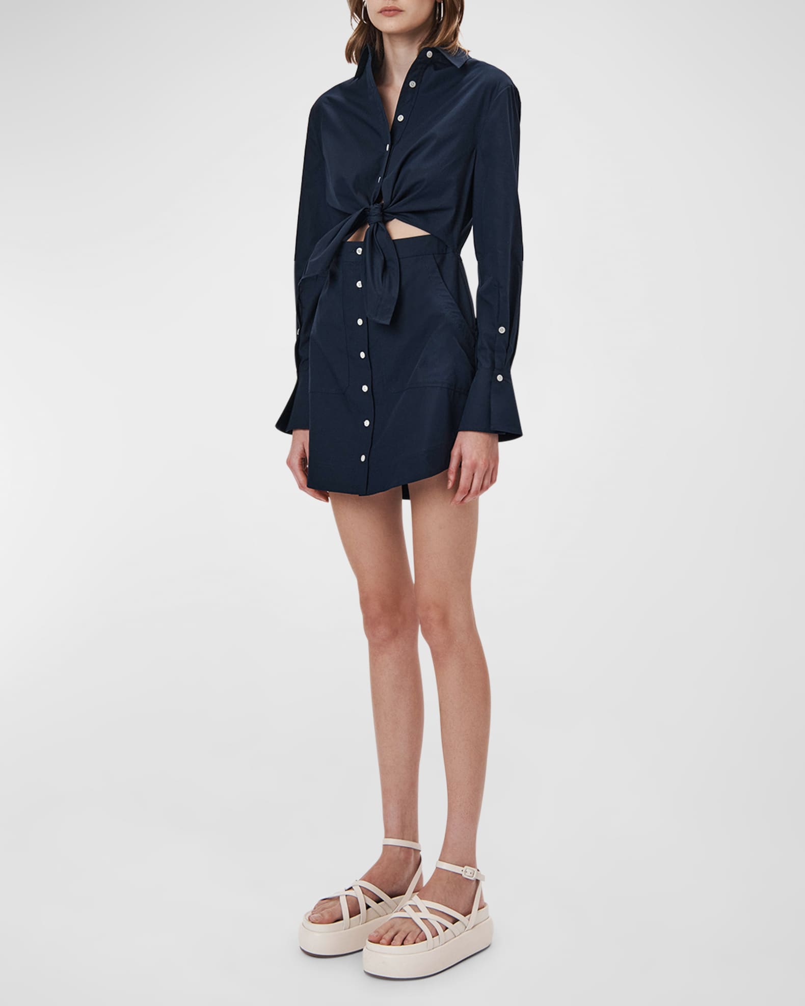 SIMKHAI Colbi Cotton Poplin Front-Tie Mini Shirtdress | Neiman Marcus