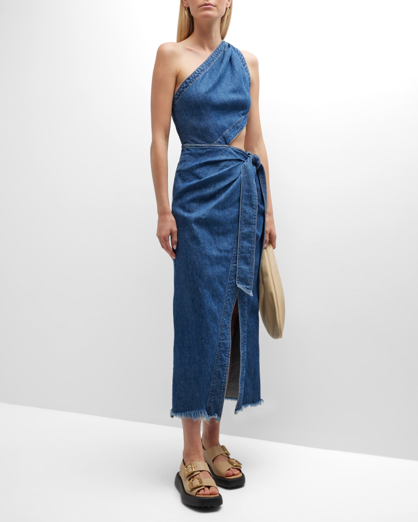SIMKHAI Doran Denim One-Shoulder Cutout Midi Wrap Dress | Neiman Marcus